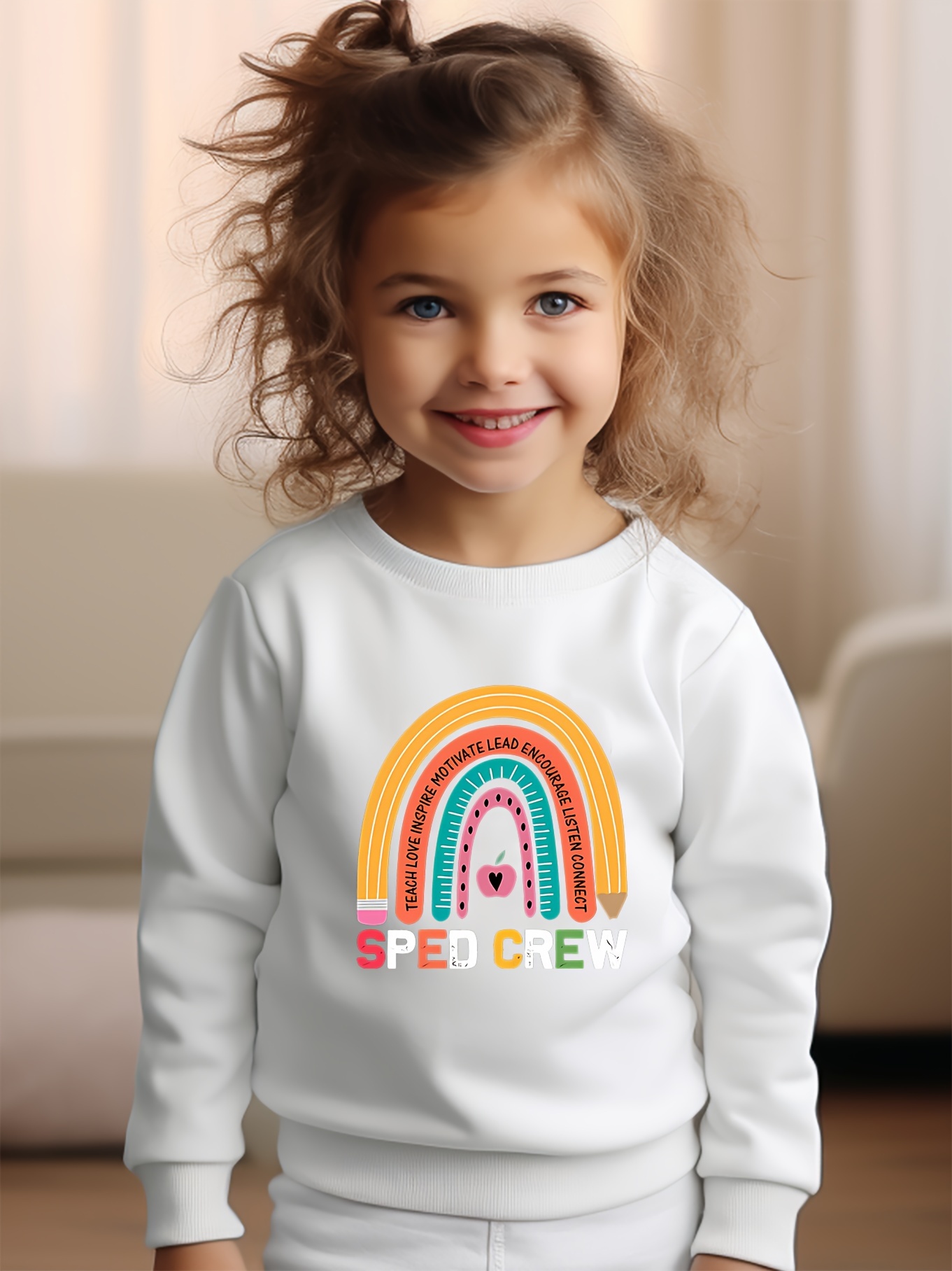 Girls Rainbow Pattern Crew Neck Sweatshirt Spring Fall - Temu Denmark