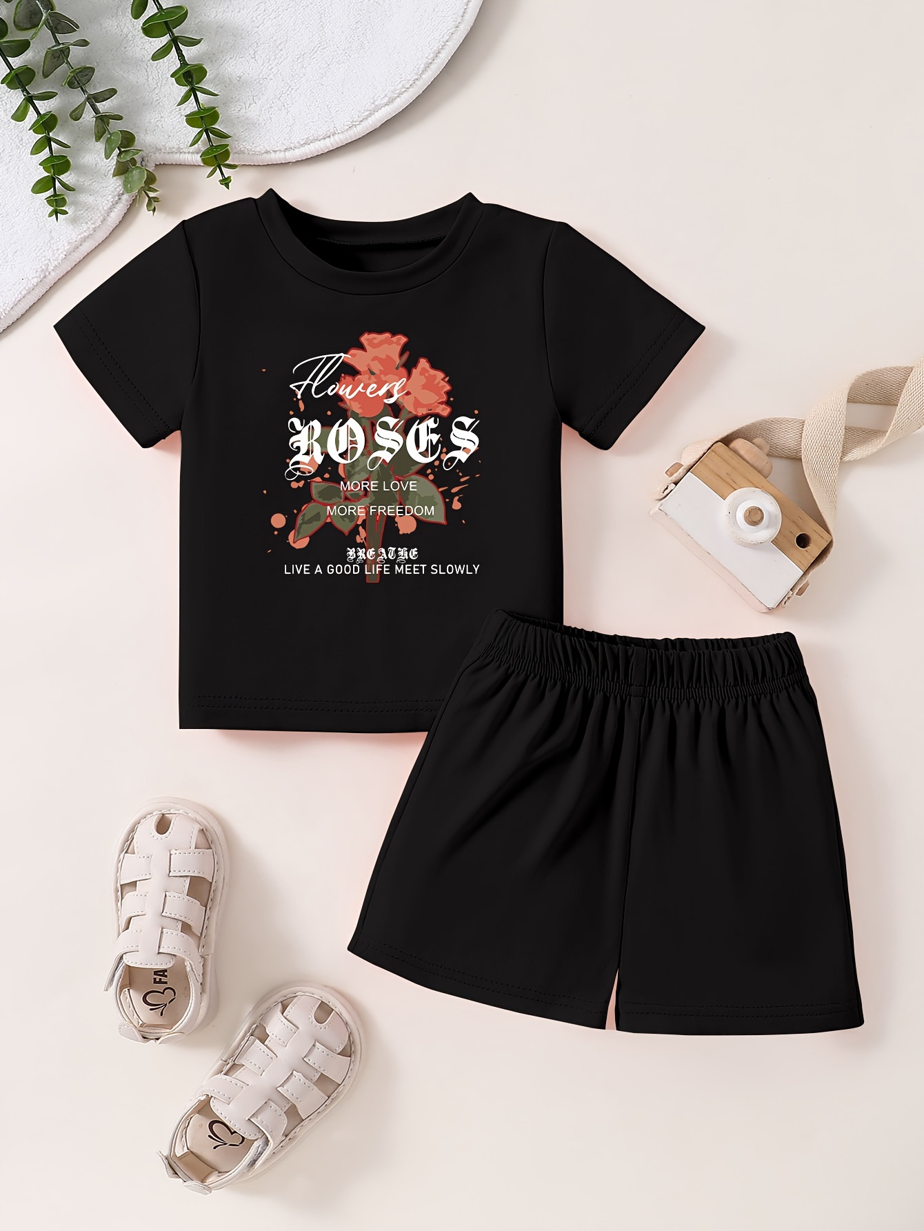 Baby's "roses" Print Summer Outfit T shirt Shorts Set Baby - Temu Australia