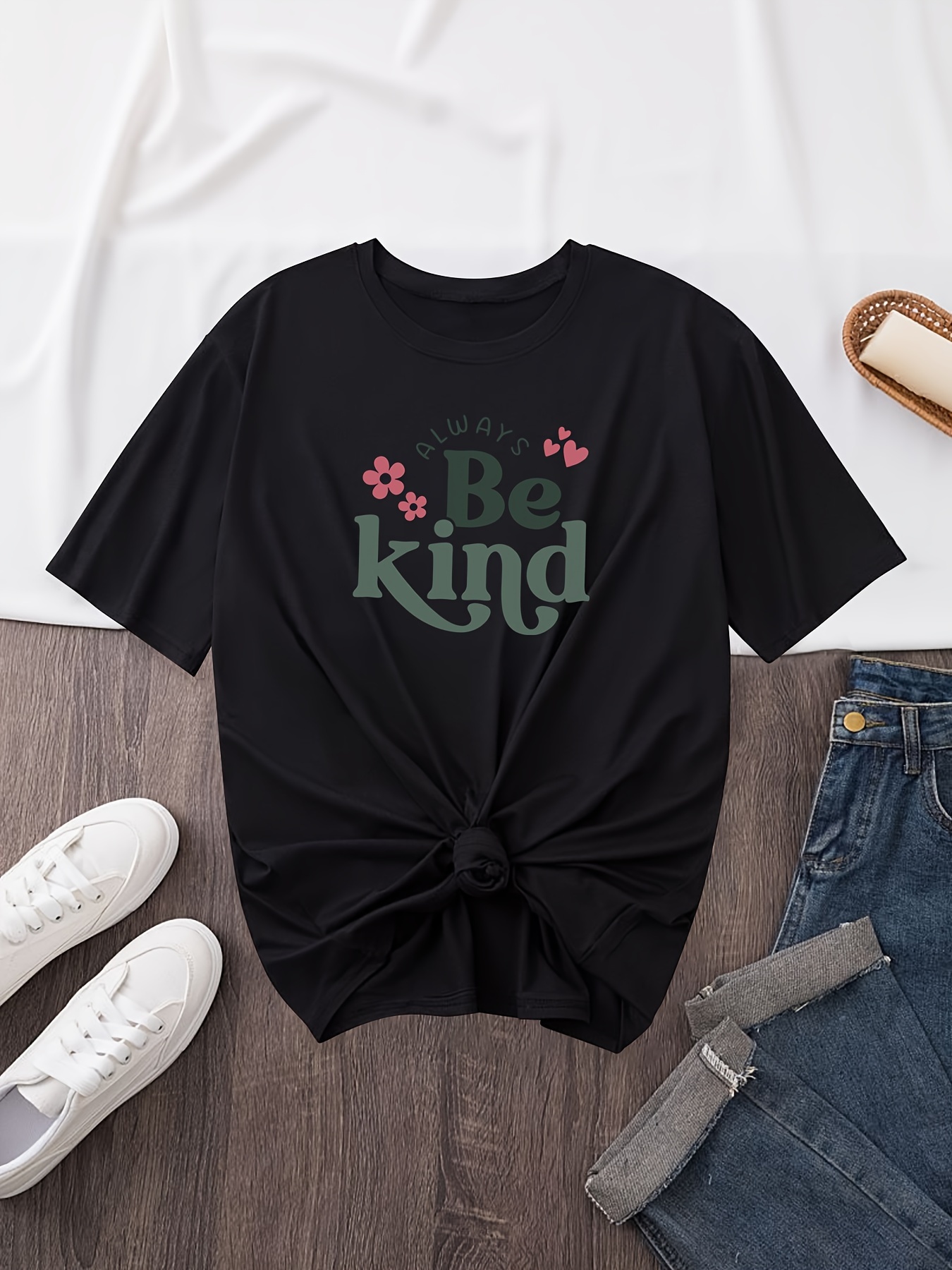 Kind Letter Print T shirt Short Sleeve Crew Neck Casual Top - Temu Canada