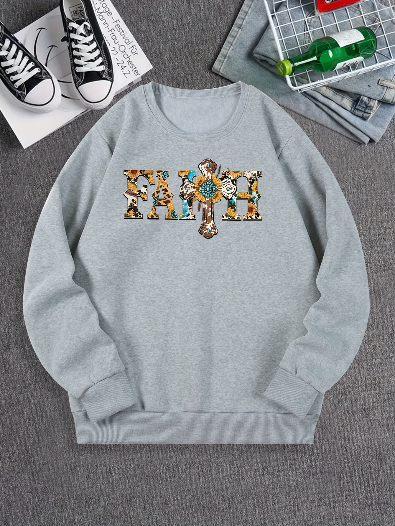 Faith Cross Print Sweatshirt Casual Long Sleeve Crew Neck - Temu Canada