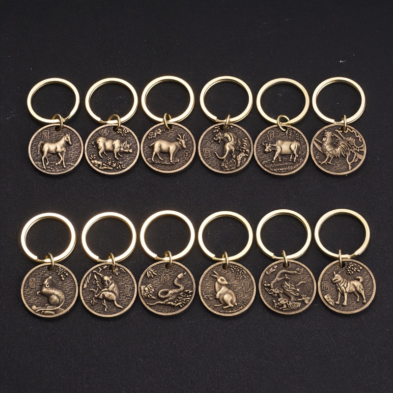 1pc Unique Exquisite Bronze Zodiac Pendant Keychain Vintage Cool Round ...