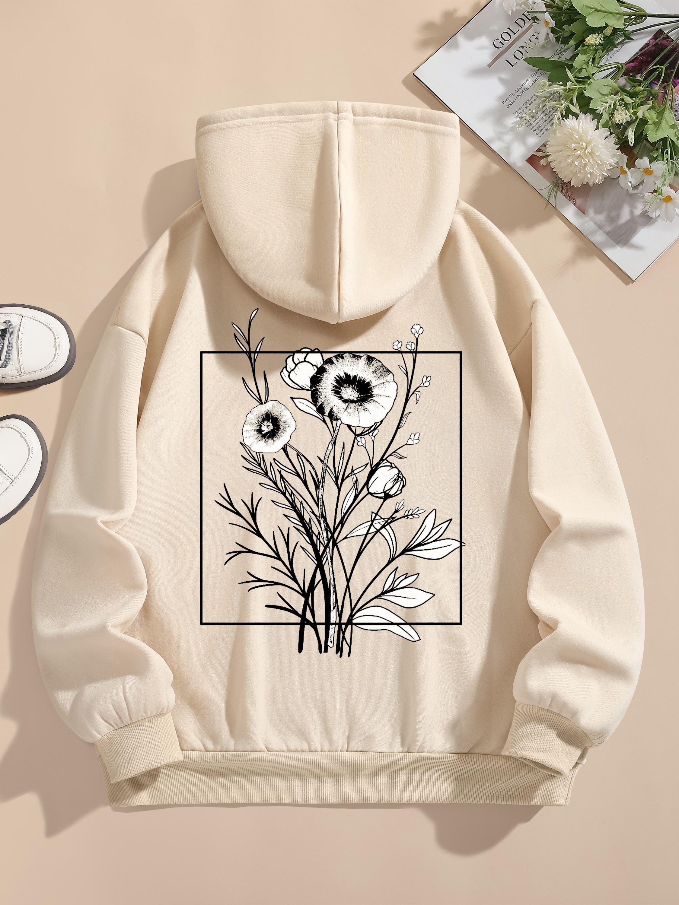 Plant Print Kangaroo Pocket Hoodie Drawstring Casual Hooded - Temu Canada