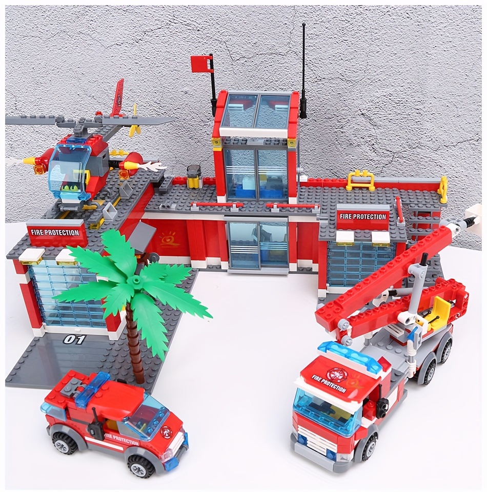City Fire Station Model Building Blocks, Firefighter Truck Helicopter ...