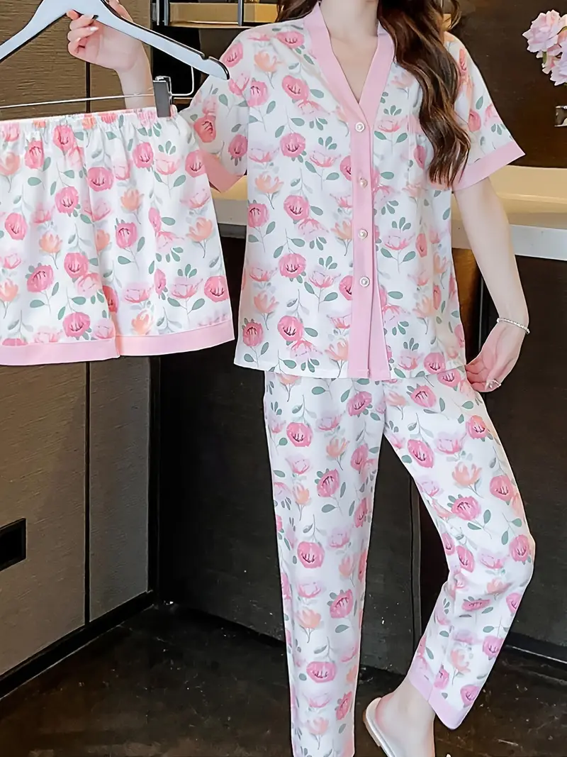 Casual Floral Print Pajama Set Short Sleeve Button V Neck Temu Canada