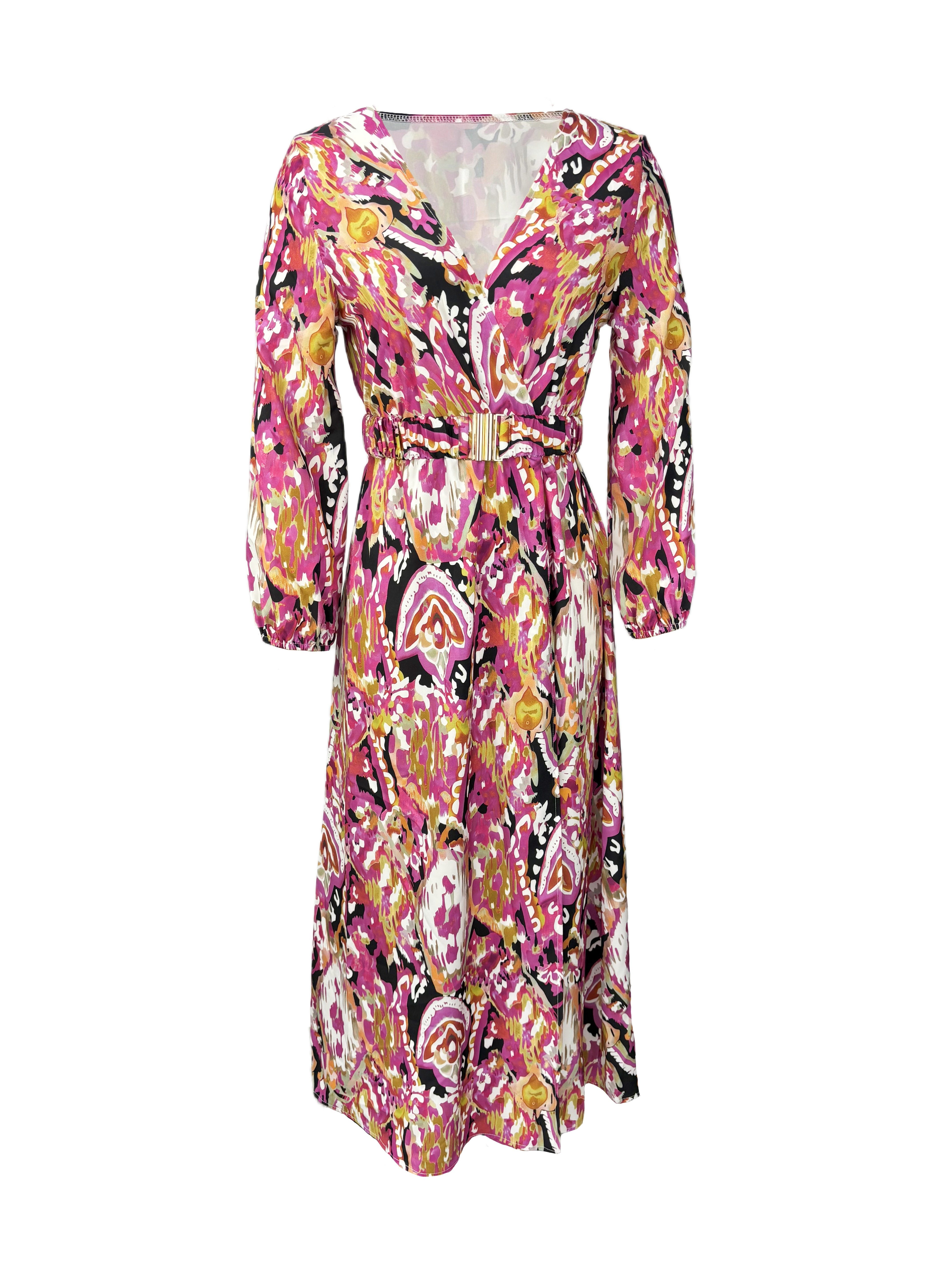 Floral Print Belted Split Dress Elegant Surplice Neck Long - Temu New Zealand