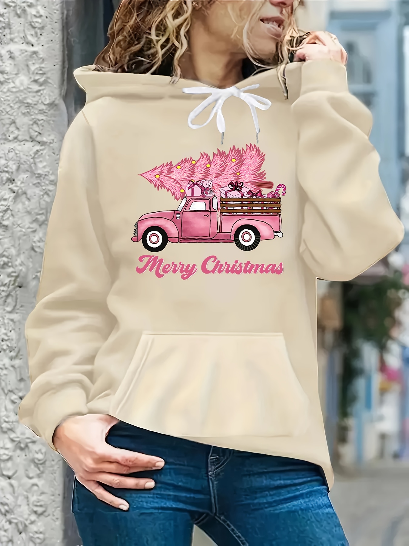 Christmas Tree Print Casual Hooded Sweatshirt Long Sleeve Temu Canada