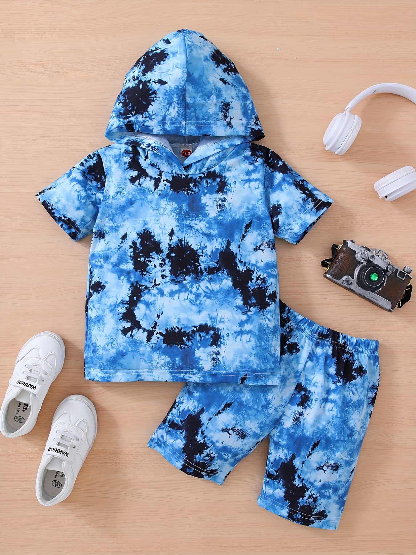 Blue Tie dye Full Body Print Hooded T shirt Elastic - Temu Ireland