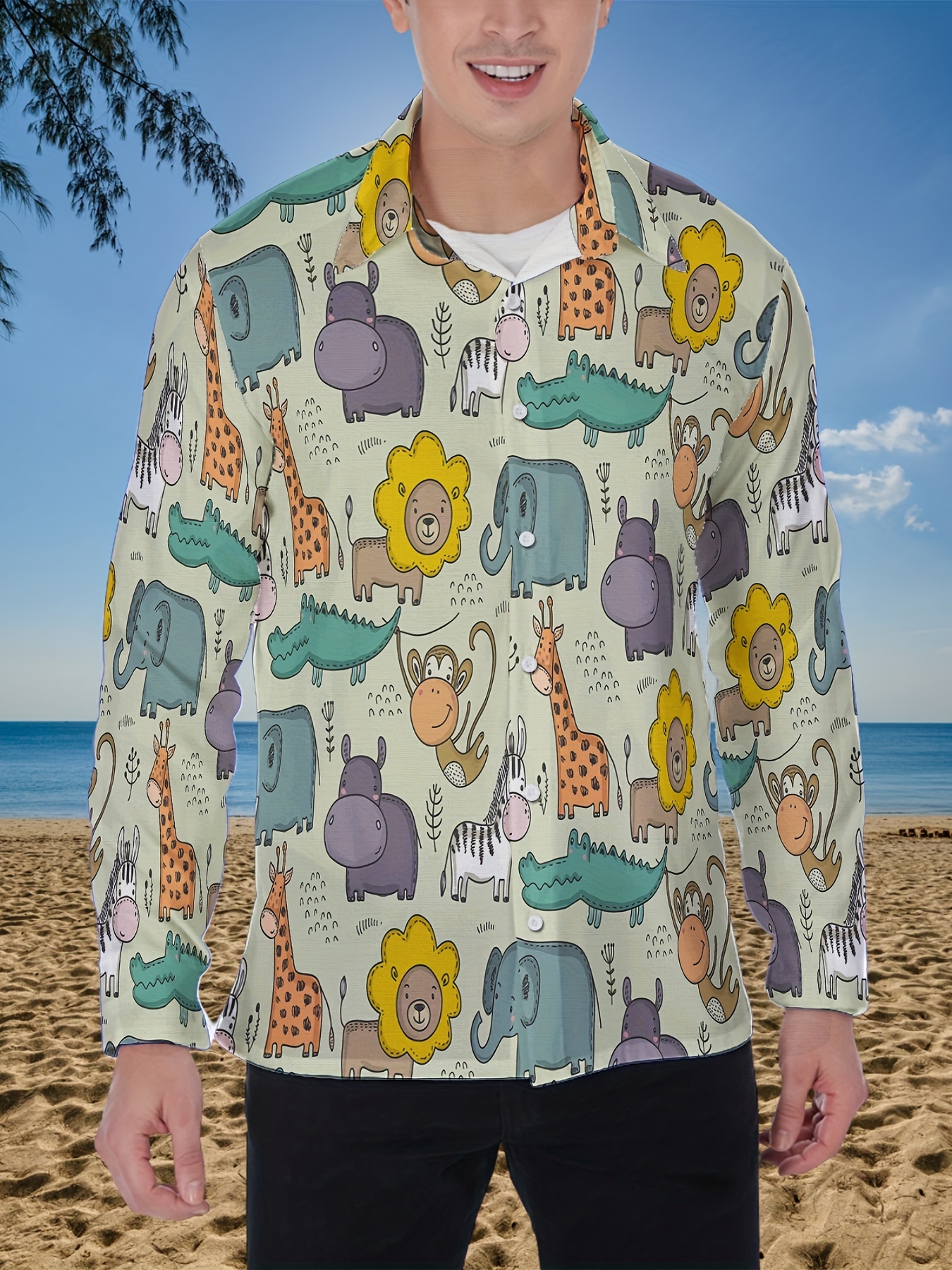 Cute Animals Digital Print Mens Button Up Trendy Comfy Long Sleeve ...