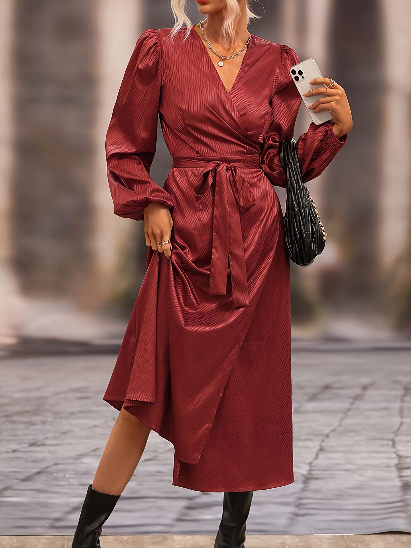 belted v neck dress elegant long sleeve dress party banquet - Temu Canada