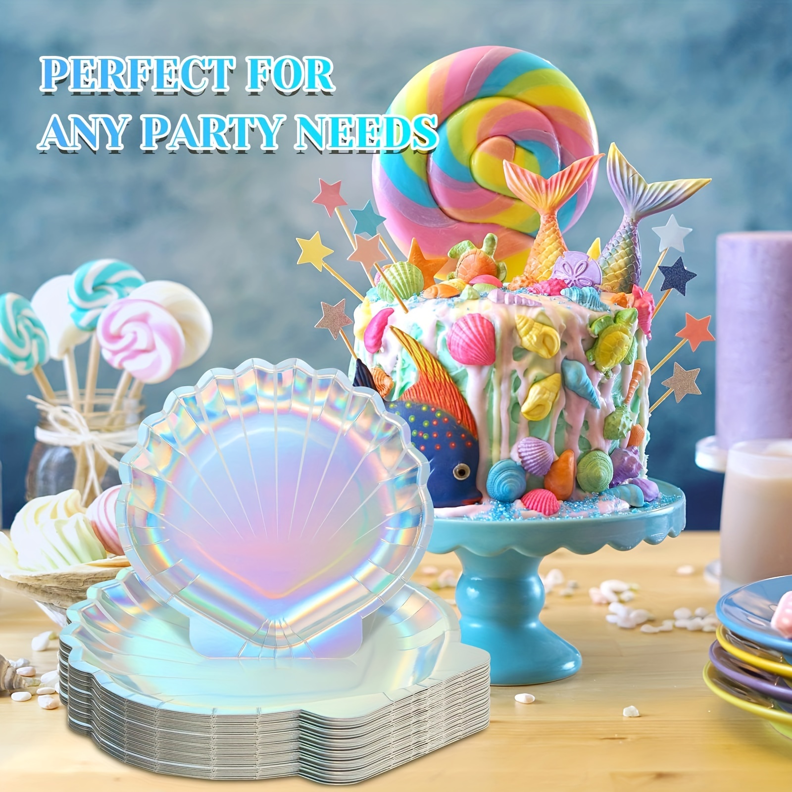 holographic mermaid seashell paper plates disposable - Temu Canada