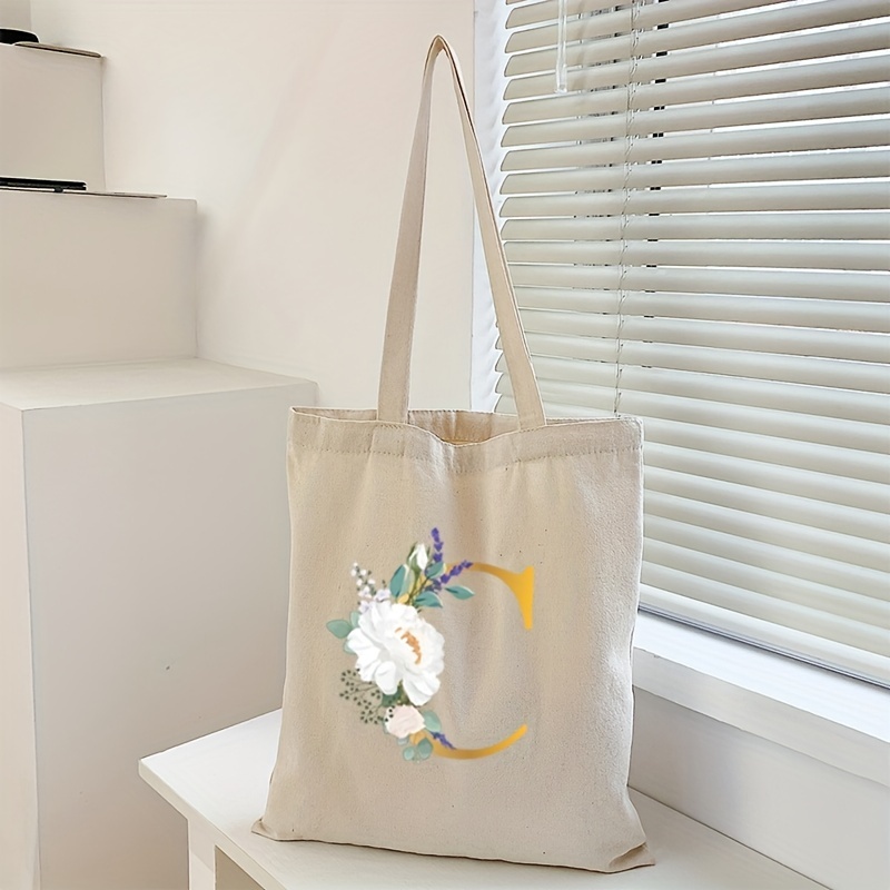 Floral Letter Print Tote Bag Large Capacity Shoulder Bag - Temu Canada
