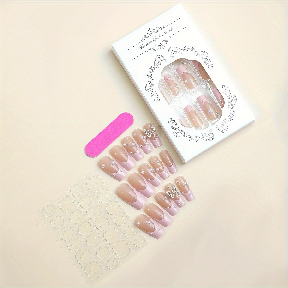 French Tip Press Nail Long Nails 3d Butterfly - Temu United