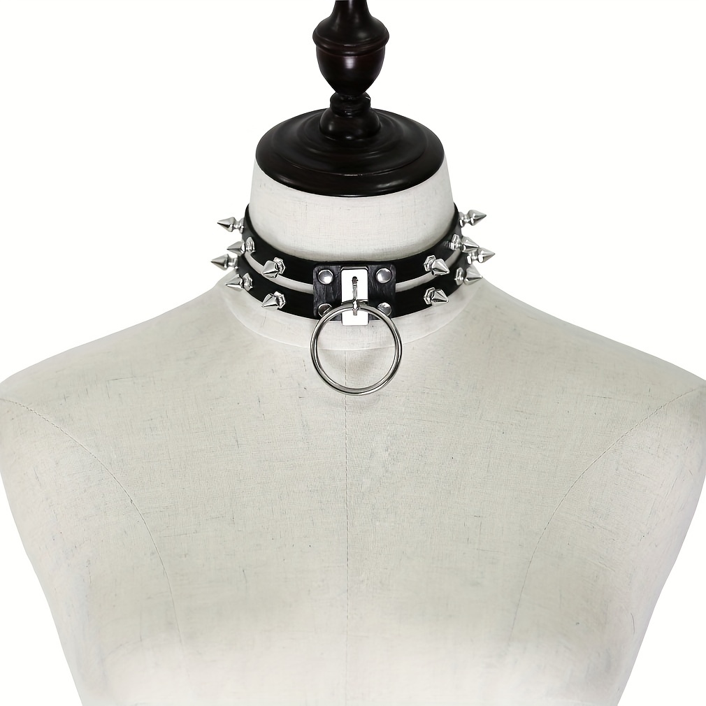 Goth Personality Double Row Rivet Spike Neck Collar Pu - Temu