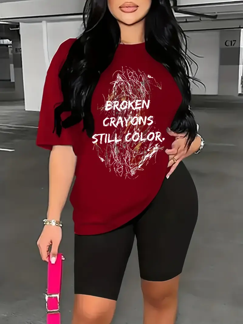 Plus Size Letter Print Two Piece Set Short Sleeve T Shirt Temu South