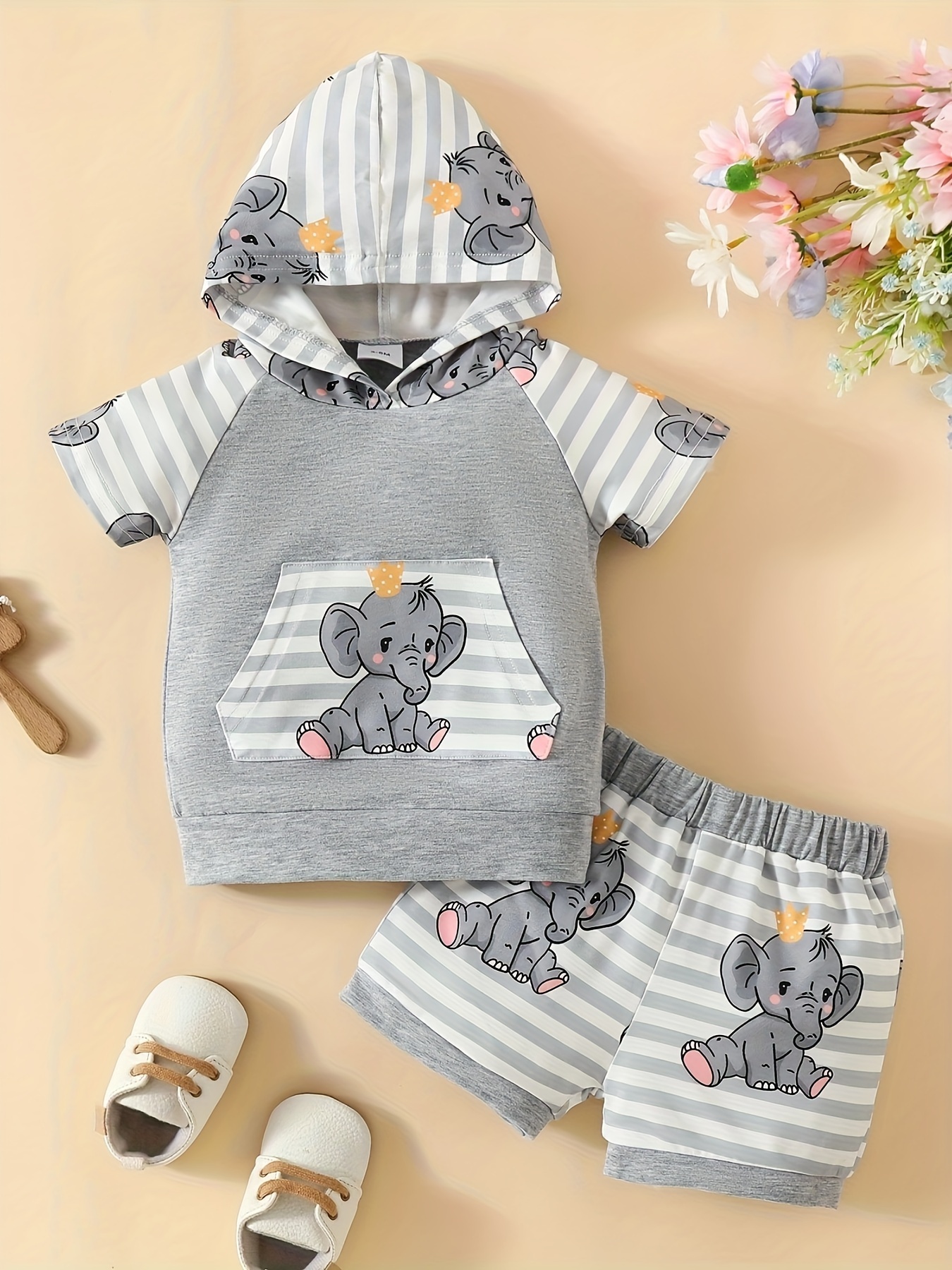 Baby's Cute Elephant Print Summer Set Hooded T shirt Casual - Temu Denmark