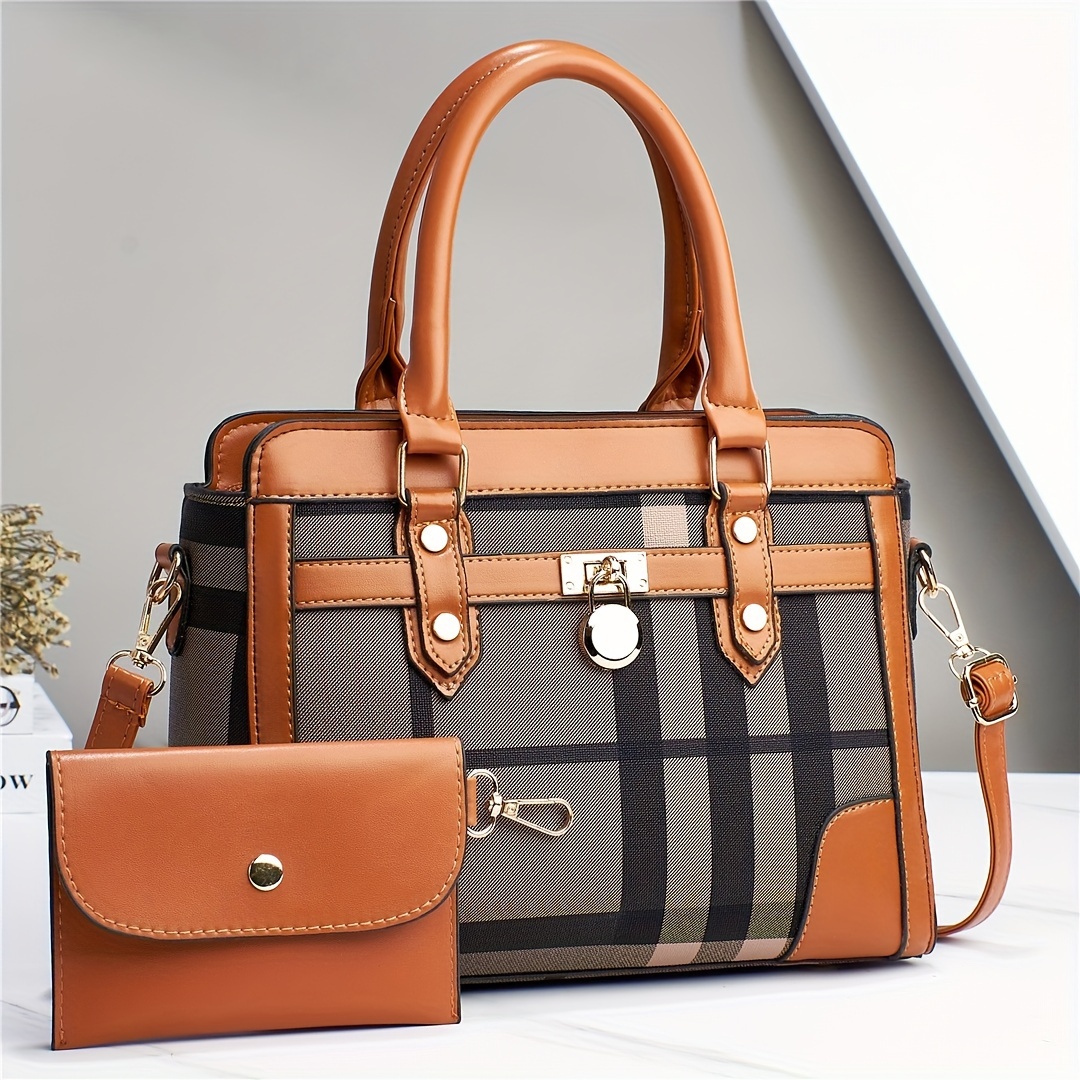 Trendy Plaid Pattern Tote Bag Set Multi pocket Shoulder Bag - Temu ...