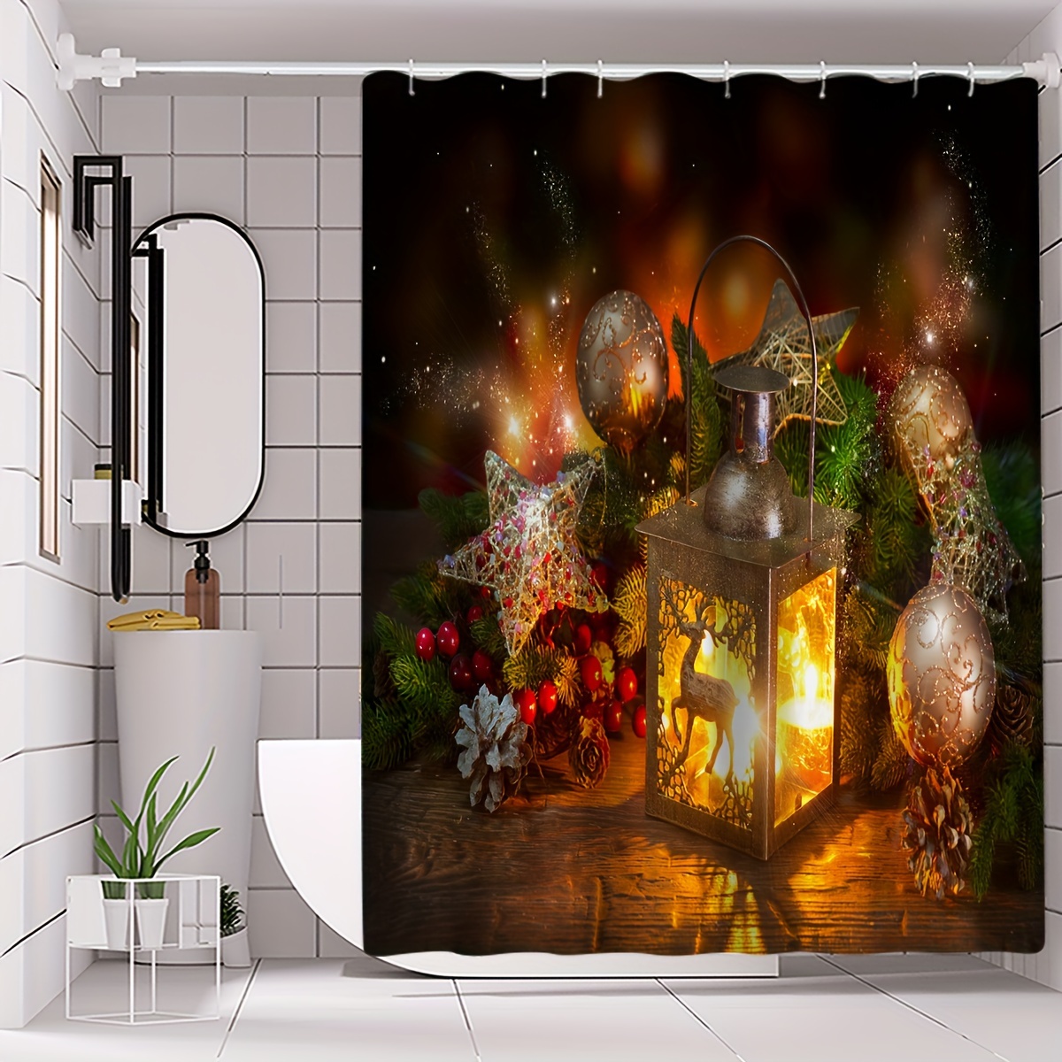 Christmas Burning Lamp Pattern Shower Curtain Waterproof - Temu Australia