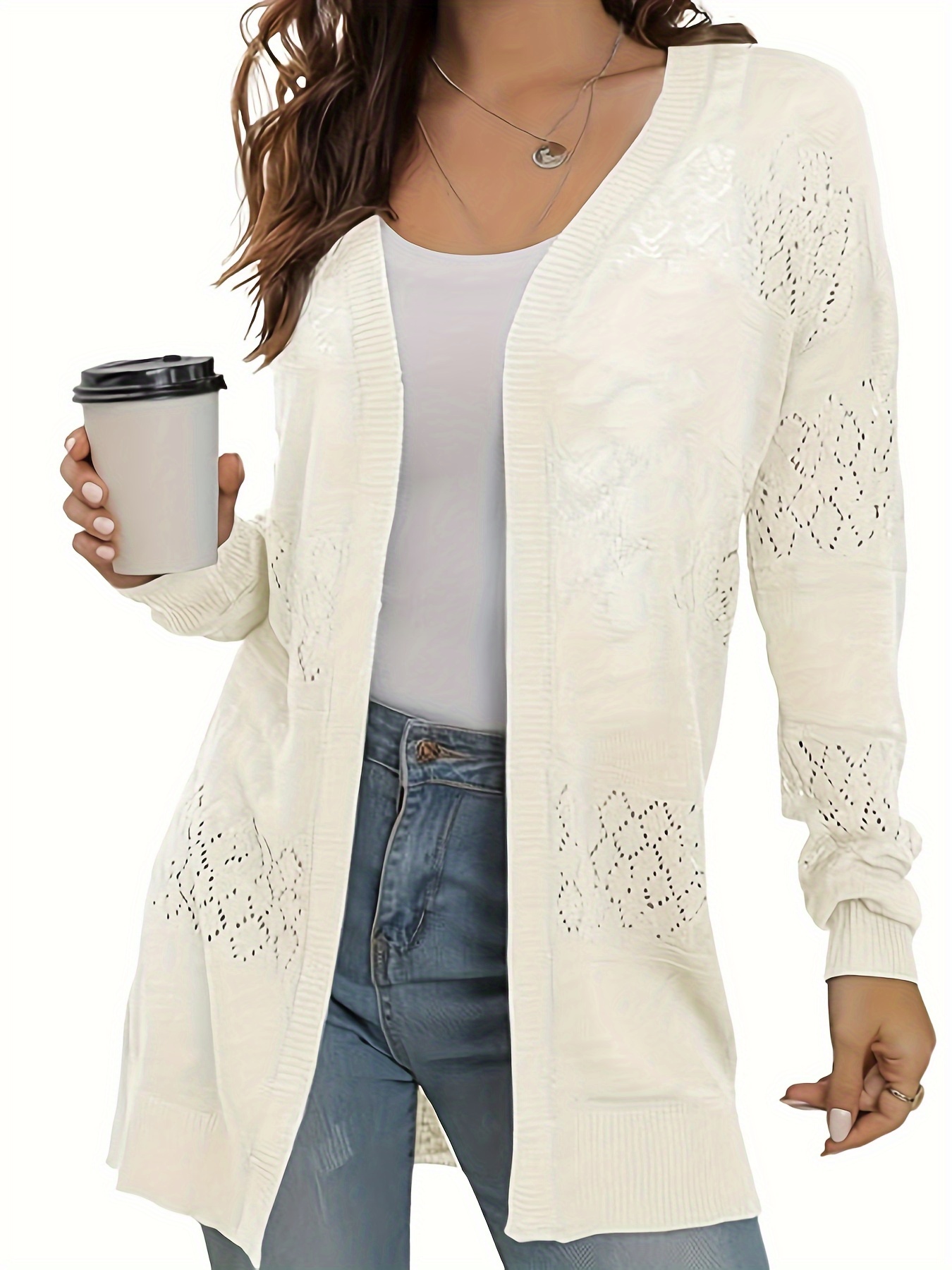 Open Front Cardigan Plus Size Casual Long Sleeve Solid - Temu Canada