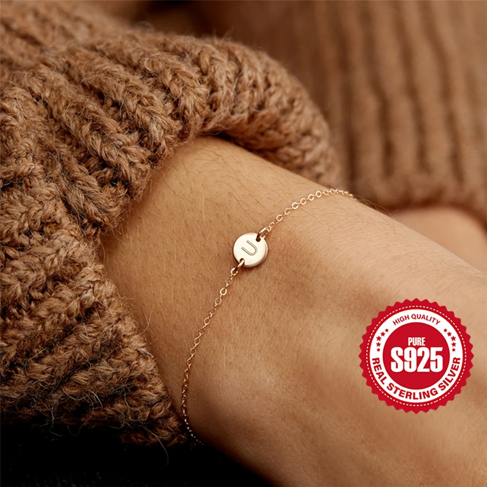 Letter Pattern 925 Silver Thin Chain Bracelet Luxury Plated - Temu ...