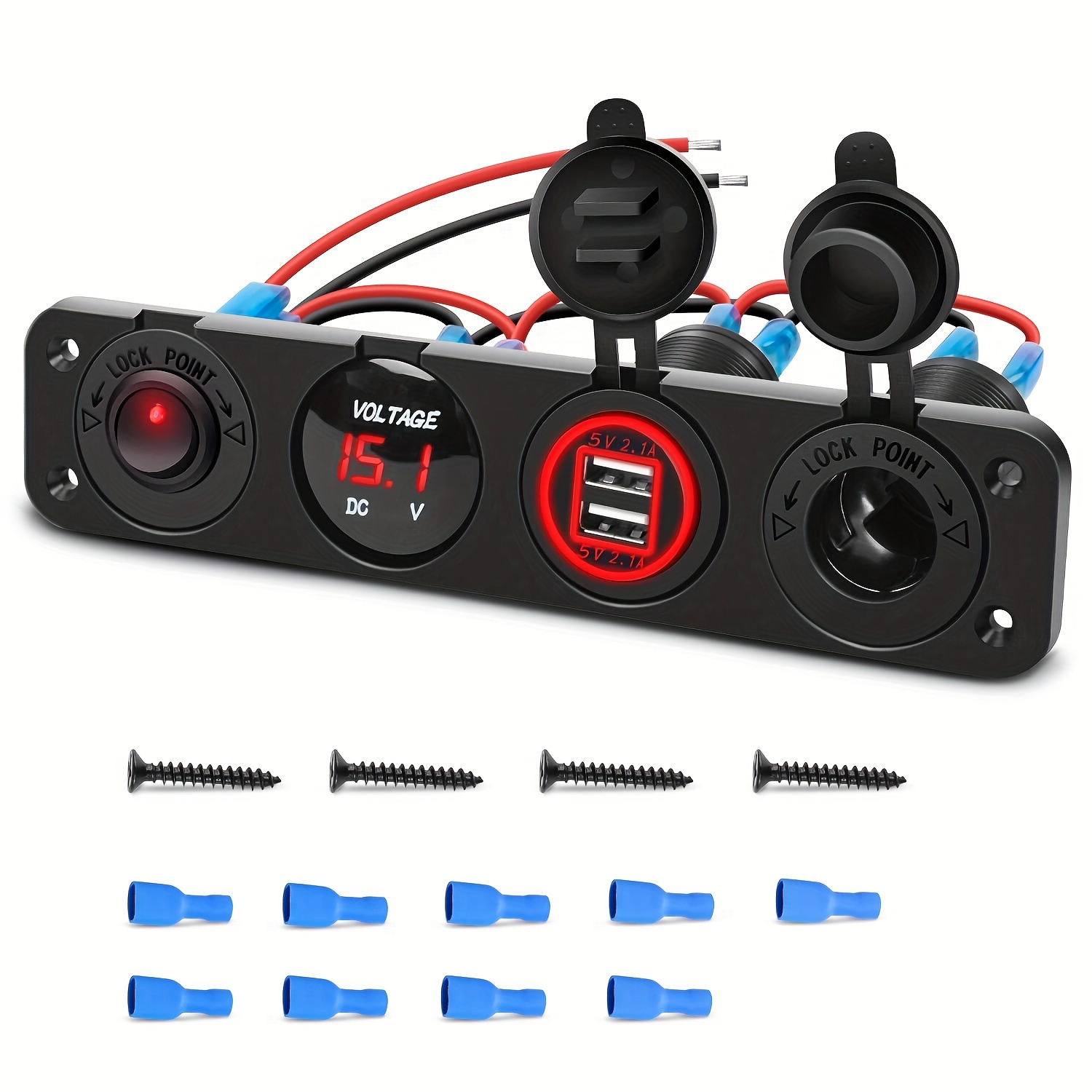 4in1 Onoff 충전기 소켓 스위치 패널 듀얼 Usb 소켓 및 Led 전압계 및 시가 라이터 소켓 및 Led 조명 On