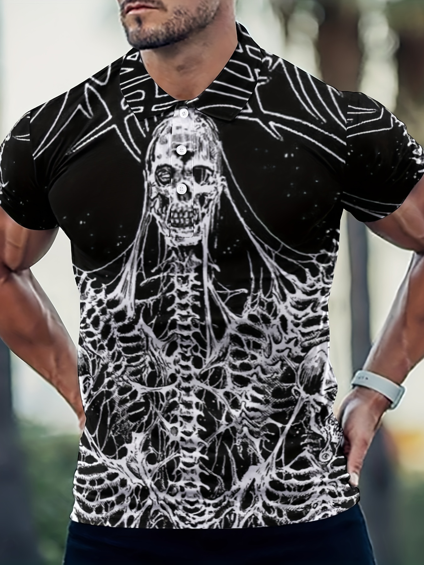 Horror Style Skeleton Casual Slightly Stretch Button Short - Temu Australia