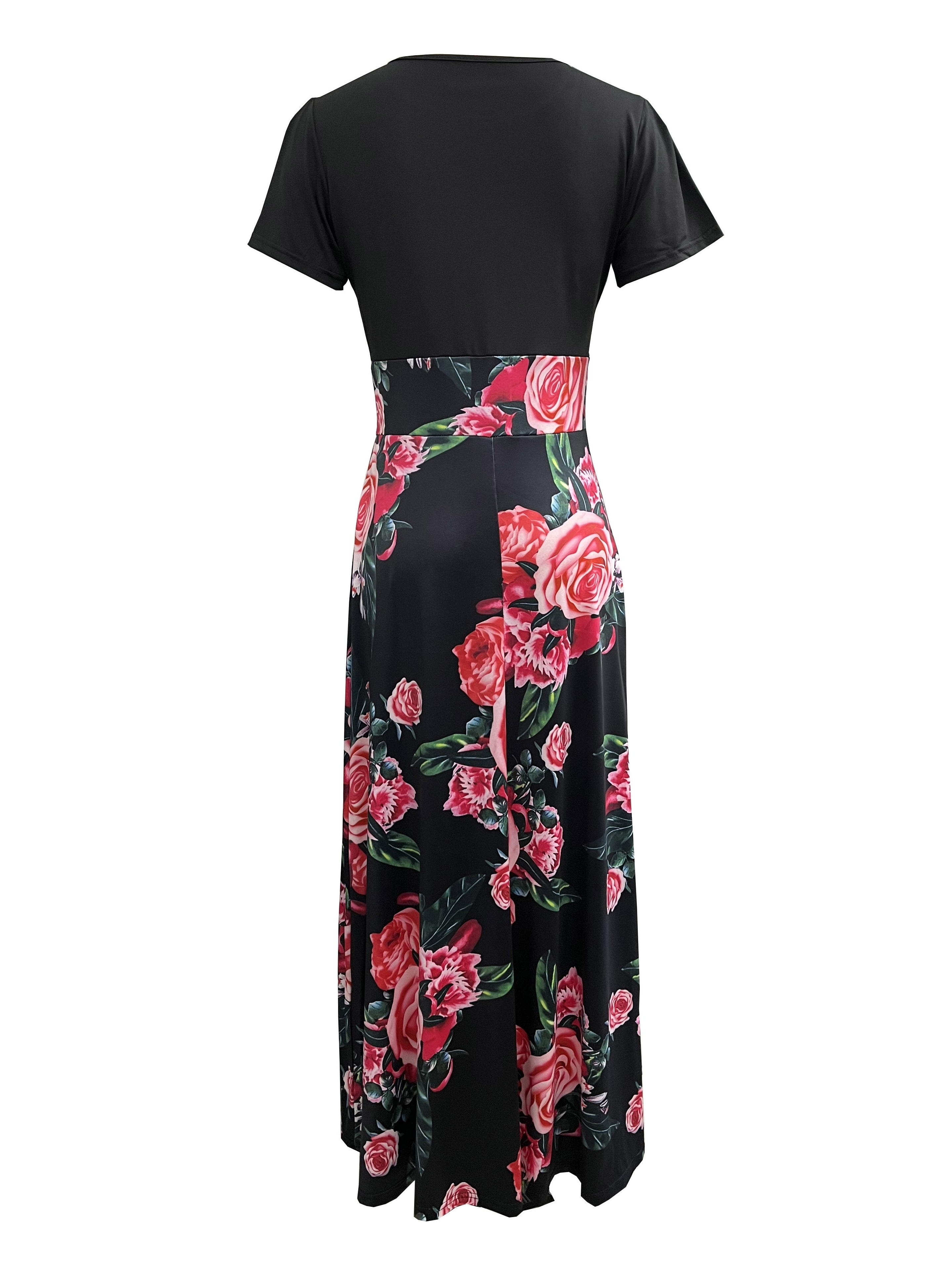 Floral Print Splicing Dress Elegant Crew Neck Short Sleeve - Temu