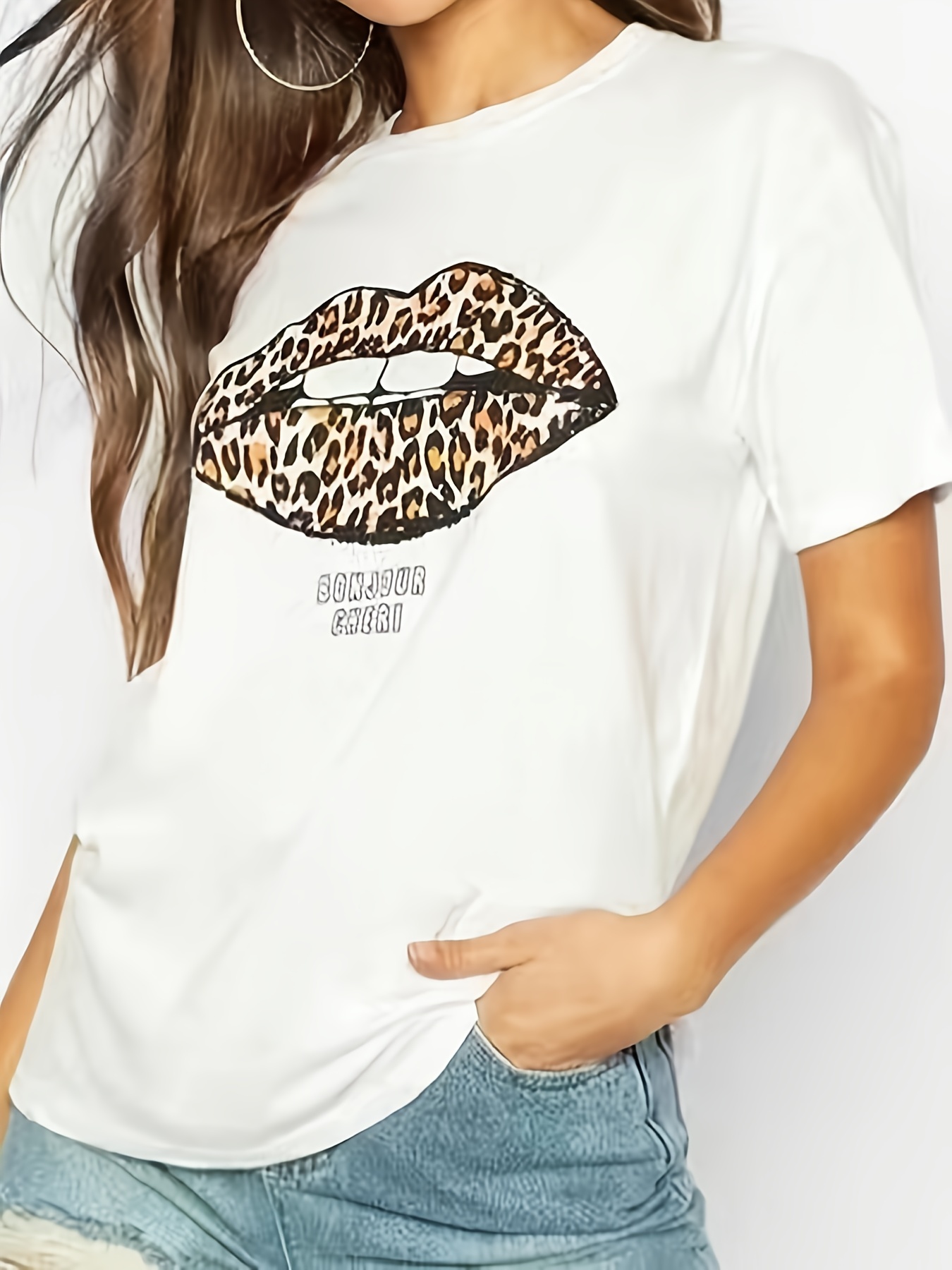 cute lips leopard print t shirt short sleeve crew neck - Temu Australia