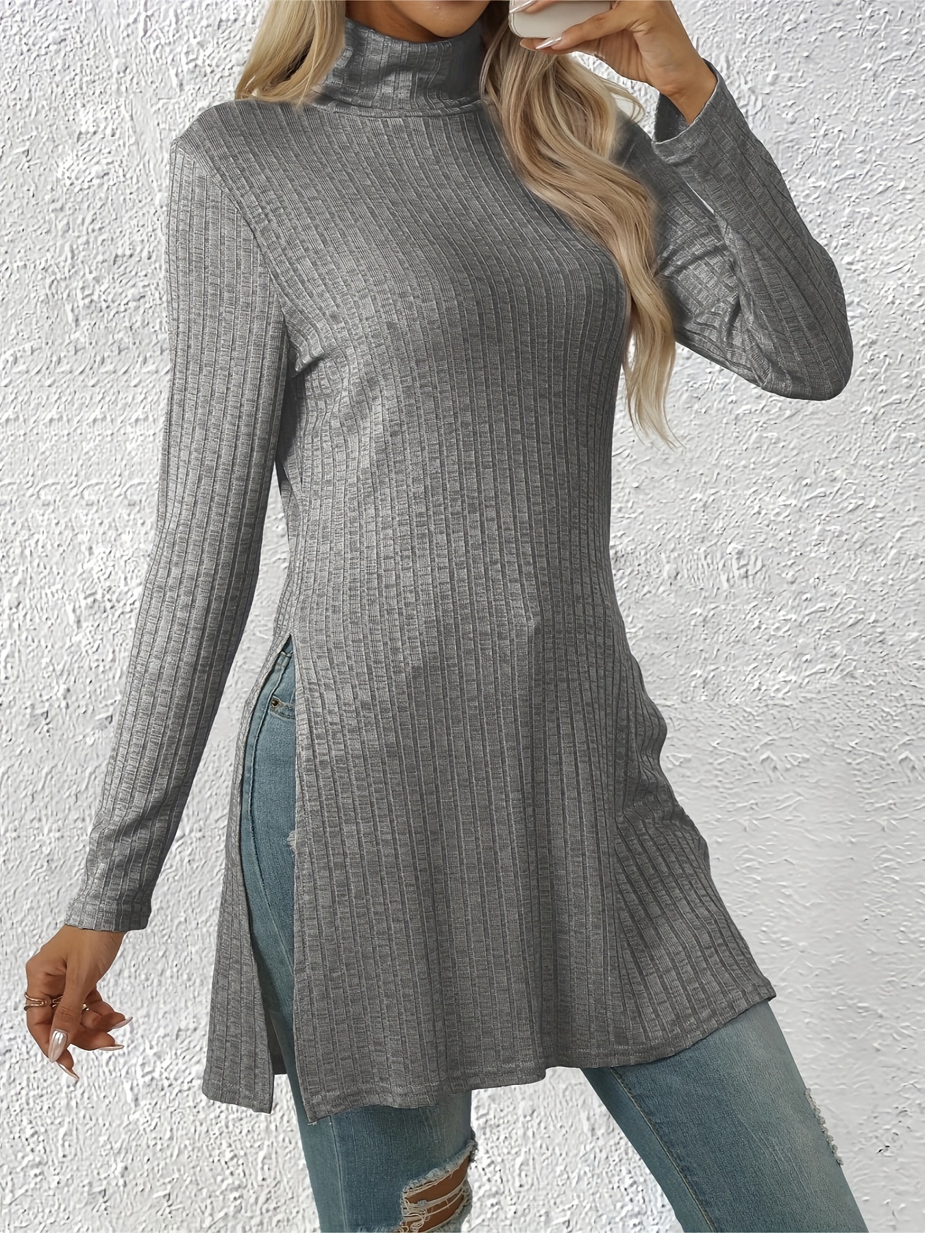 Solid Turtle Neck Rib Knit Sweater Elegant Long Sleeve Split Temu