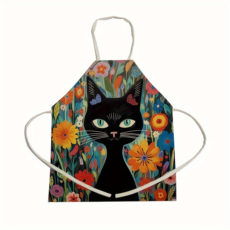 Linen Apron Single sided Printed Apron Cute Black Cat Flower - Temu ...