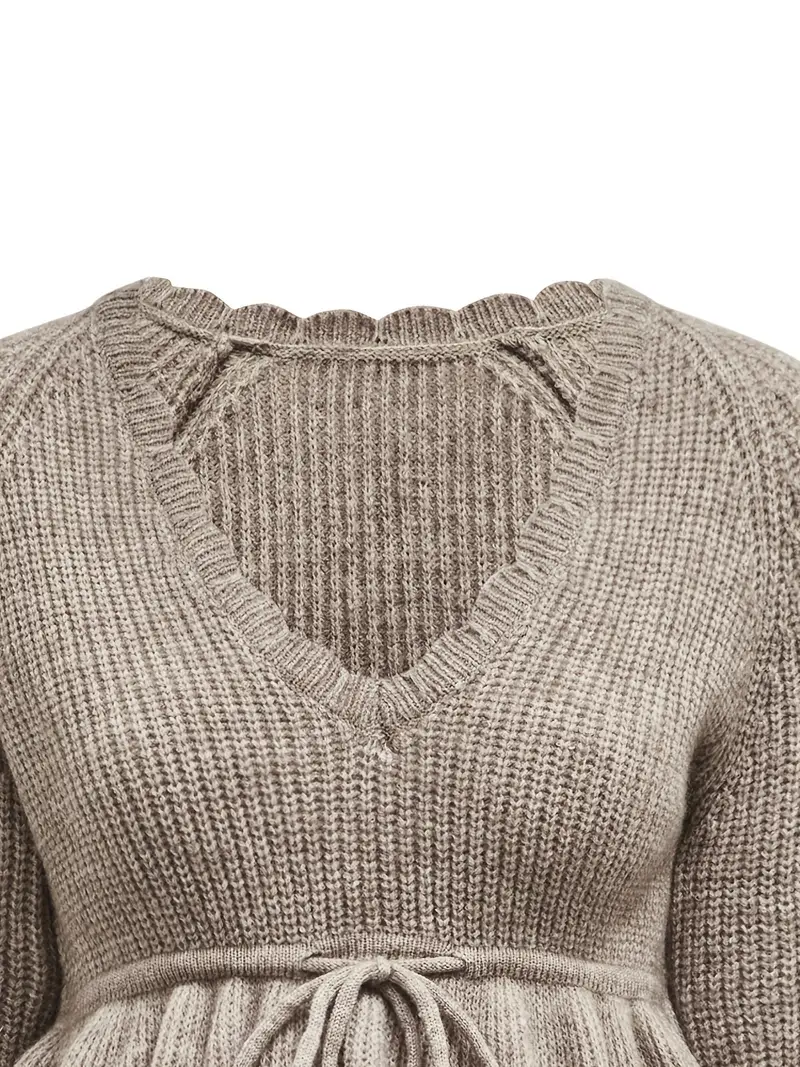Solid Drawstring Ruffle Hem Sweater V Neck Long Sleeve Sweater Casual