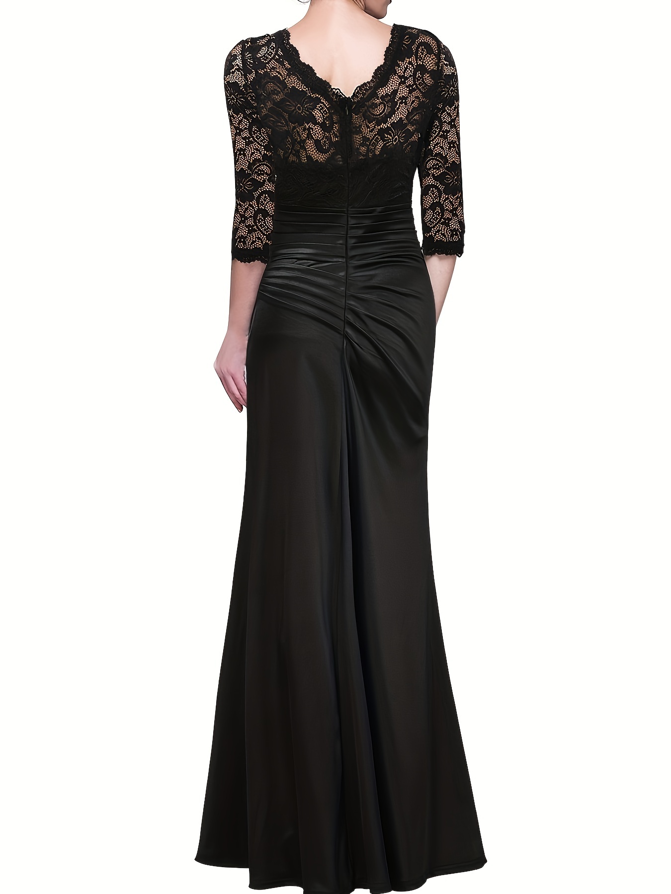 Contrast Lace Solid Dress Elegant 3/4 Sleeve Pleated Maxi - Temu