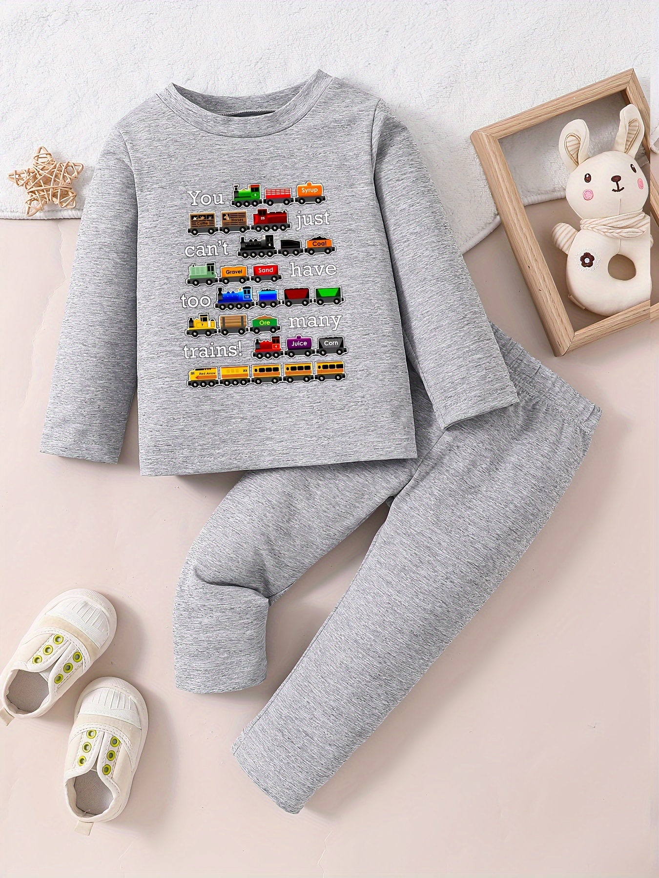 Baby's Cartoon Train Print Crew Neck Outfit Long Sleeve T - Temu New ...