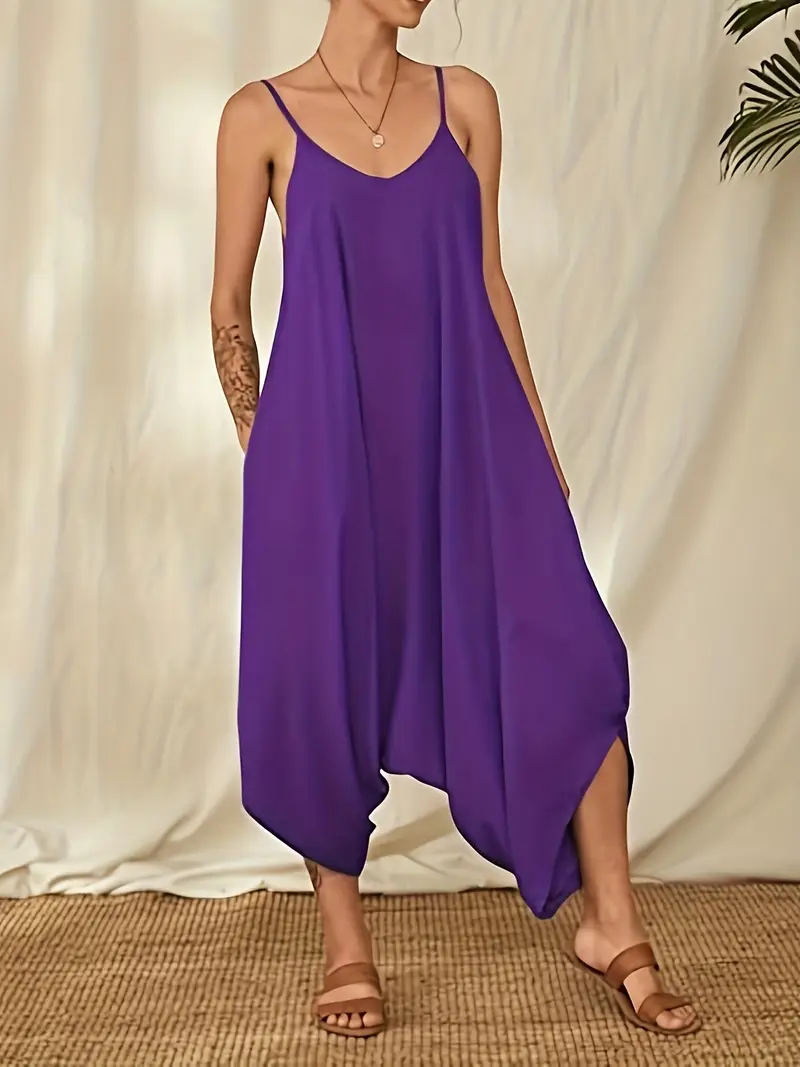 Plus Size Casual Cami Jumpsuit Womens Plus Solid V Neck Temu