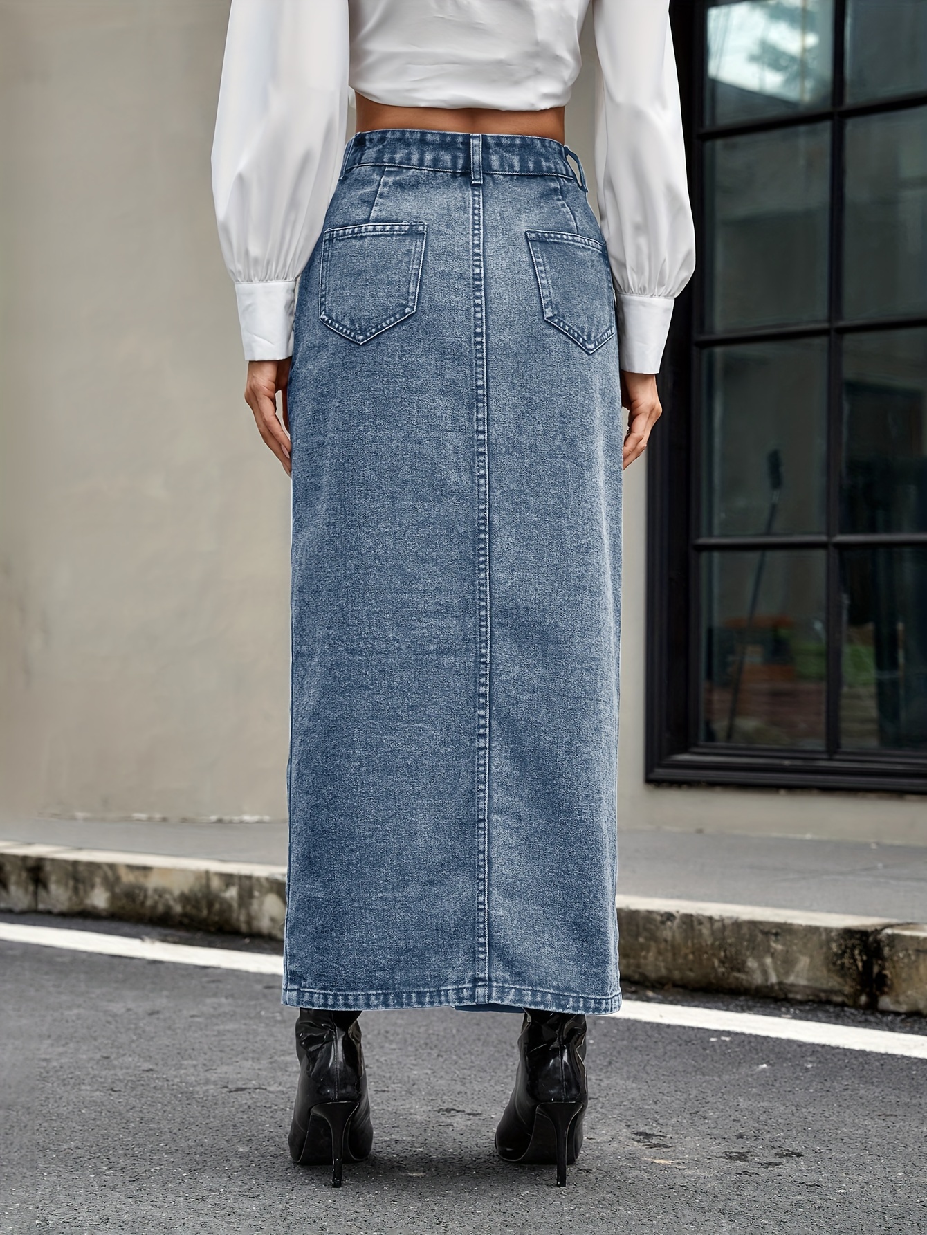 Single Breasted Button Split Denim Midi Skirt Slant Pockets Temu