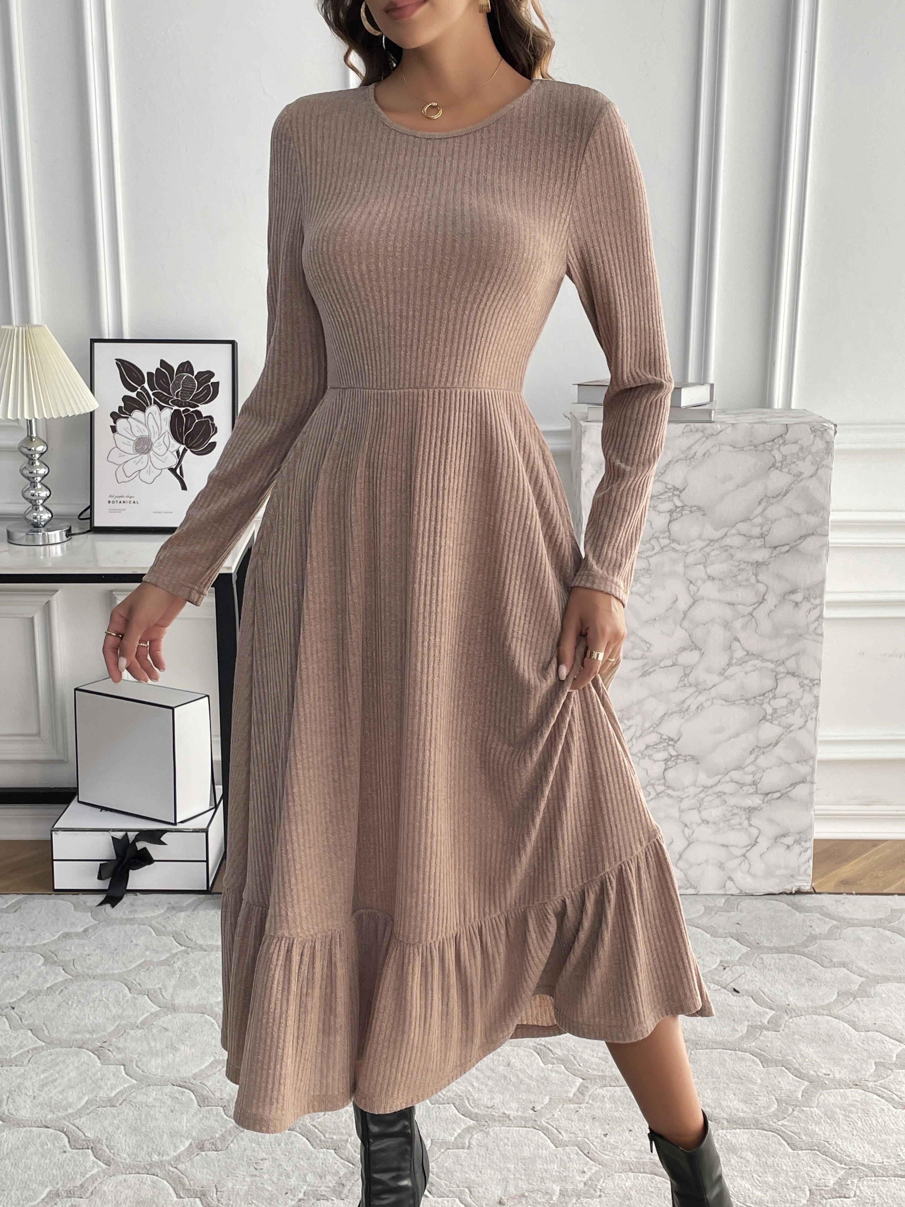 ribbed ruffle hem a line dress elegant crew neck long sleeve - Temu Canada