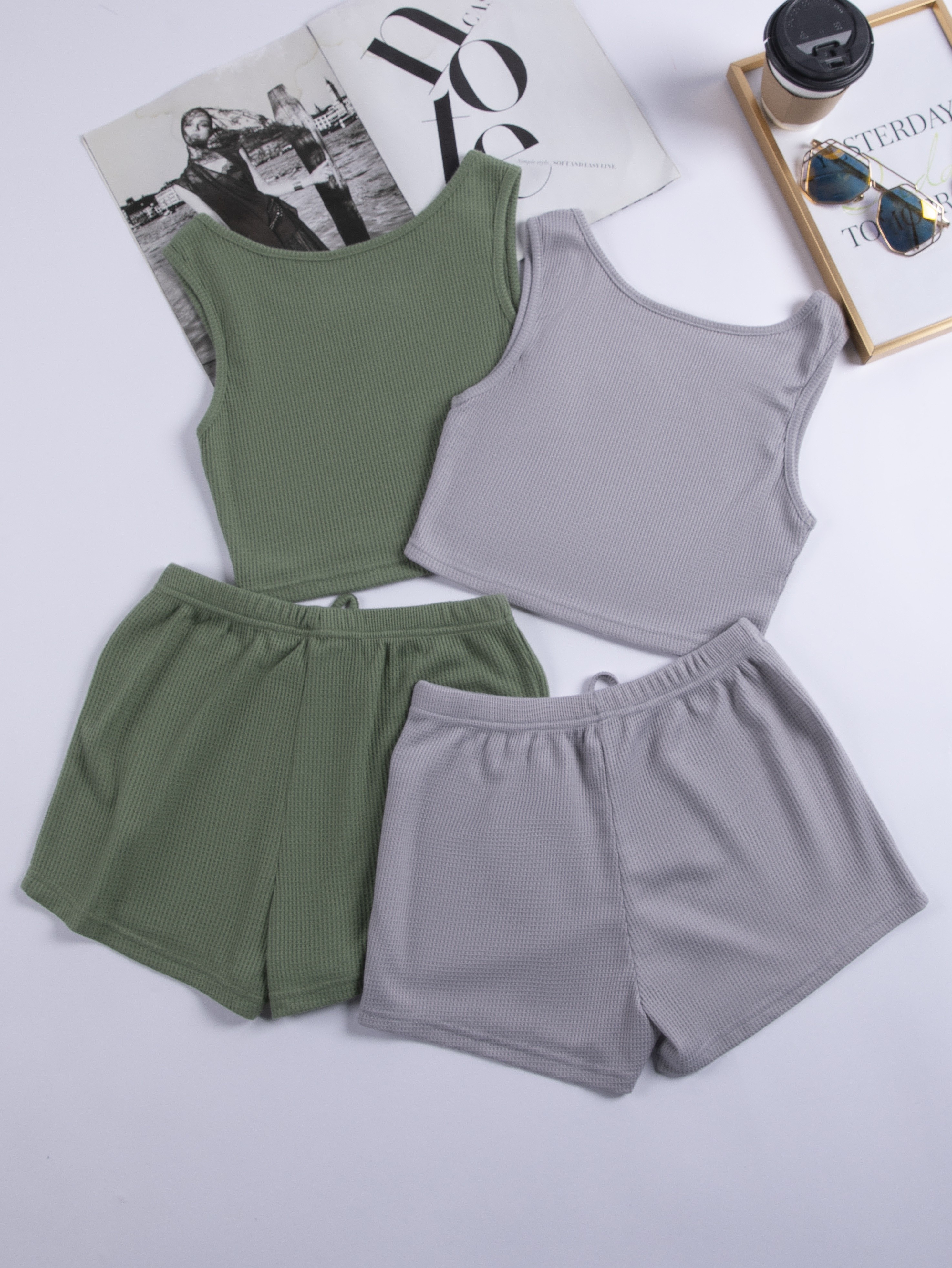Solid Two piece Set Notched Neck Sleeveless Crop Top - Temu