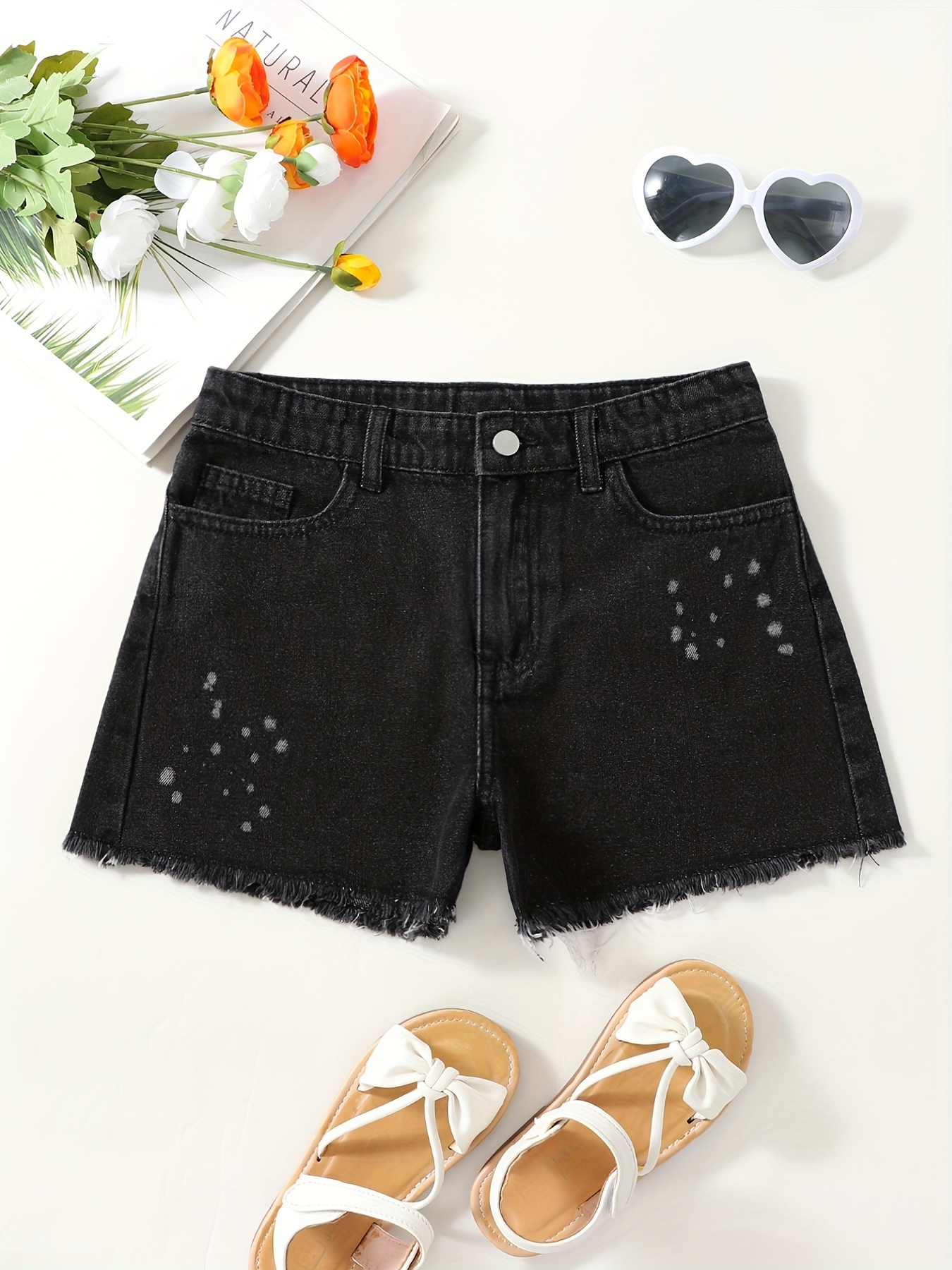 Girls Hem Ripped Casual Pocket Denim Shorts Kids Summer - Temu New Zealand