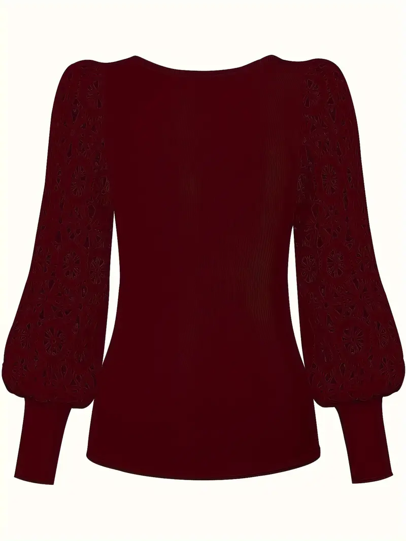 Solid Lace Splicing T shirt Elegant Crew Neck Long Sleeve - Temu Solid Lace Splicing T shirt Elegant Crew Neck Long Sleeve - Temu