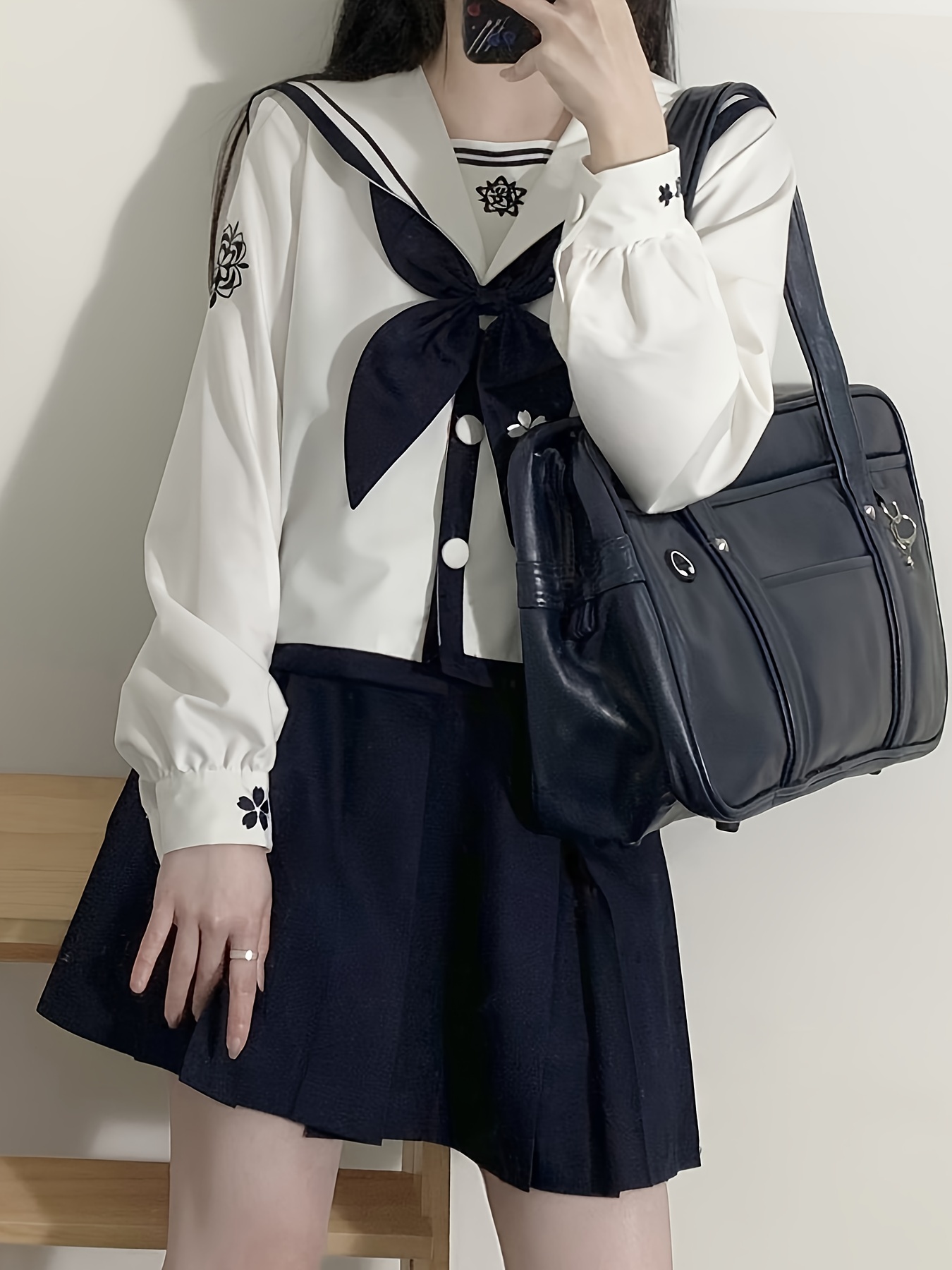 かわいい刺繍2点セット セーラー襟トップ プリーツスカート 日本の女子高生アニメコスプレ「jk」制服 婦人服 Temu Japan