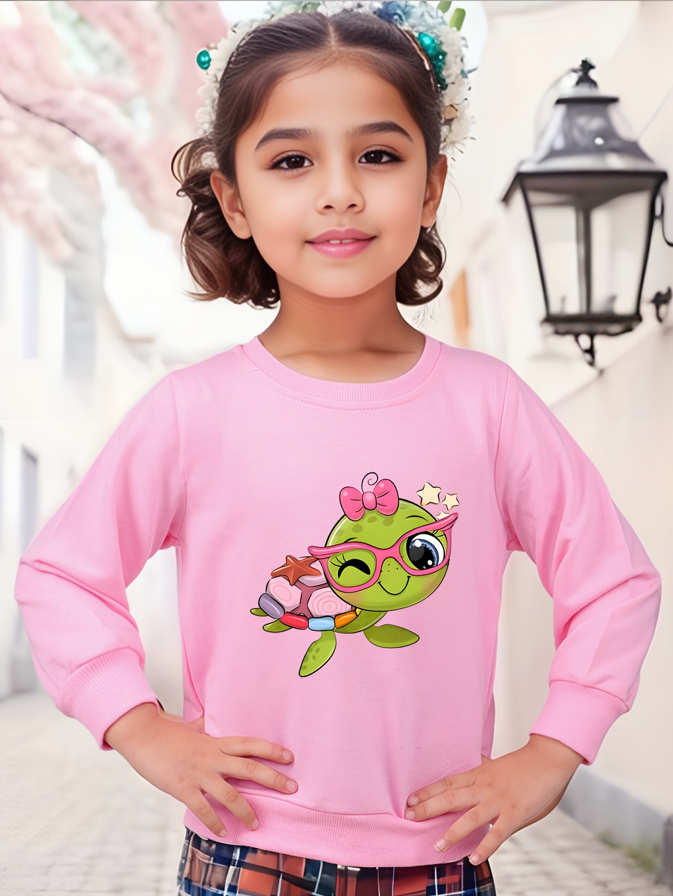 Tortoise Pattern Girls Graphic Long Sleeve Crew Neck - Temu Ireland