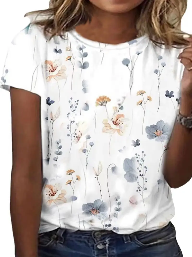 Floral Print Simple Blouse Casual Crew Neck Short Sleeve Temu New Zealand