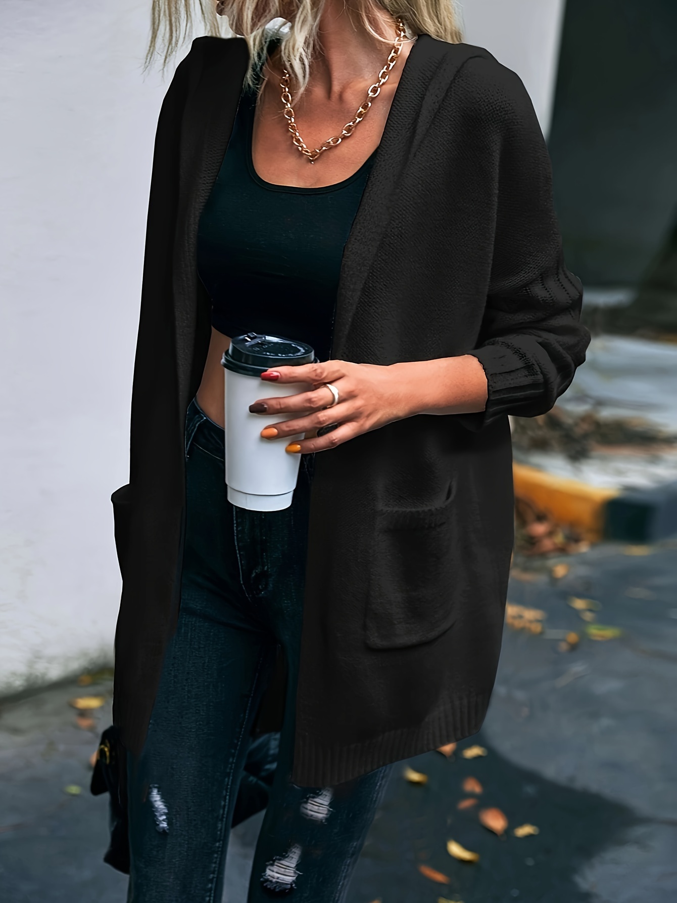 Letter Pattern Open Front Hooded Cardigan Elegant Long - Temu Canada