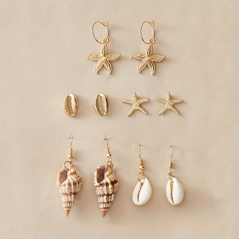 Cute Natural Shell Starfish Multi piece Stud Earrings - Temu United Kingdom