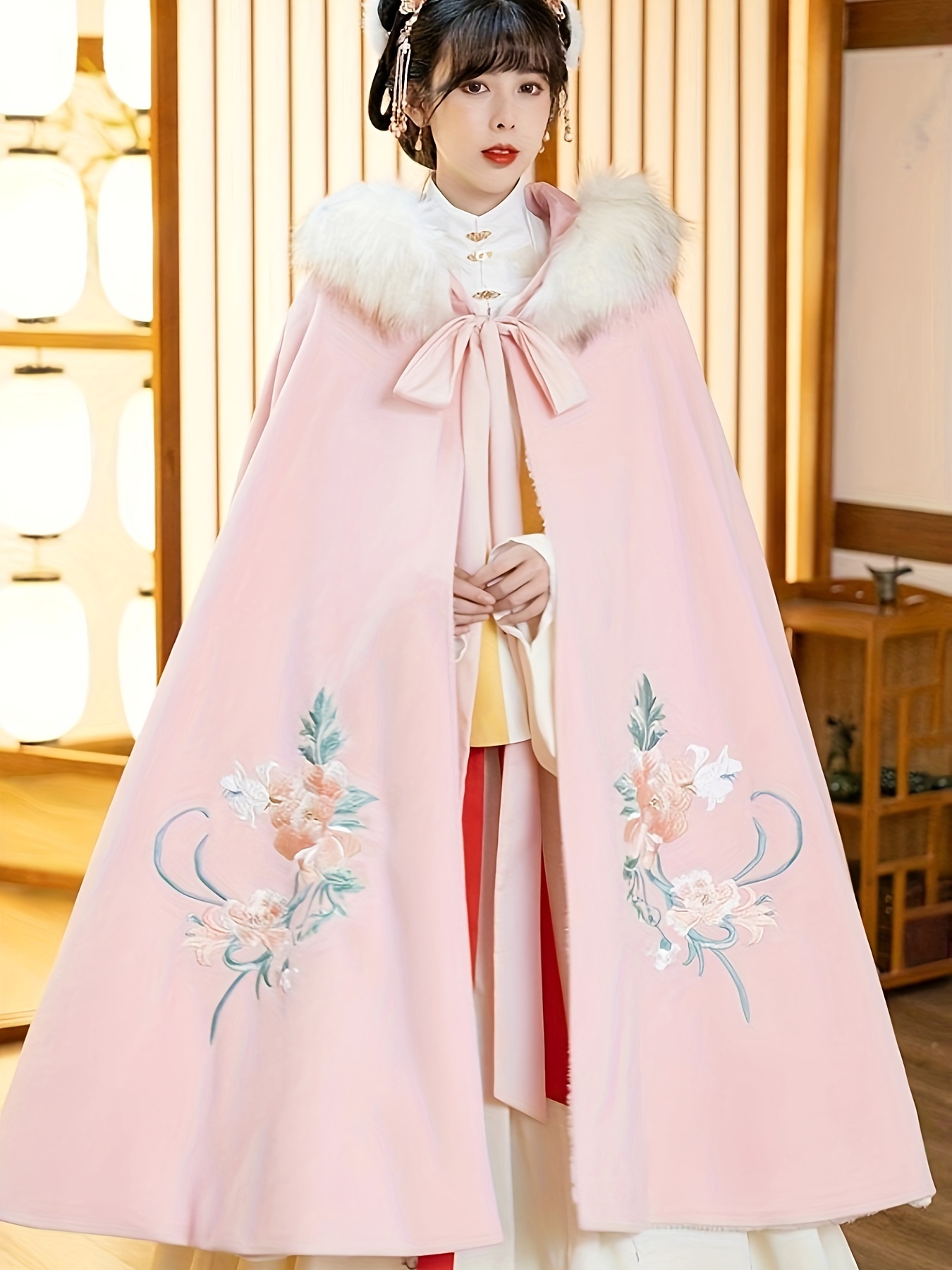 floral pattern fur trim cloak chinese vintage hooded - Temu Australia