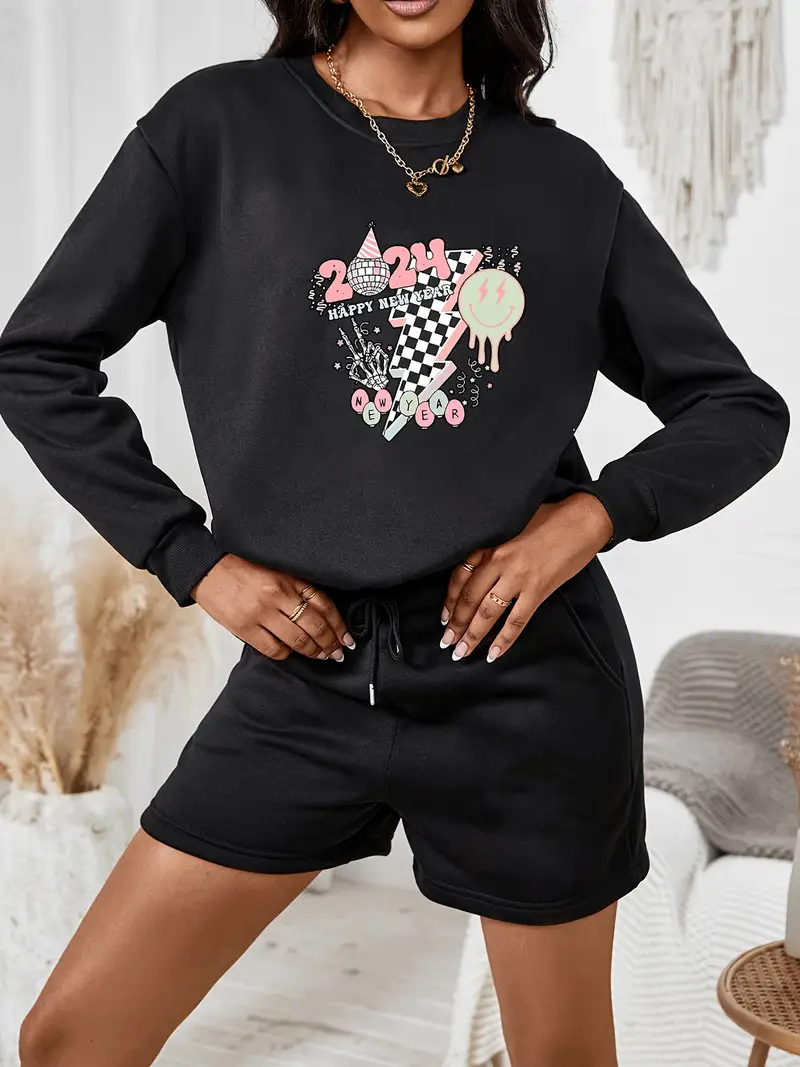 Plus Size Cartoon Print Two Piece Thermal Lined Crew Neck Temu Canada