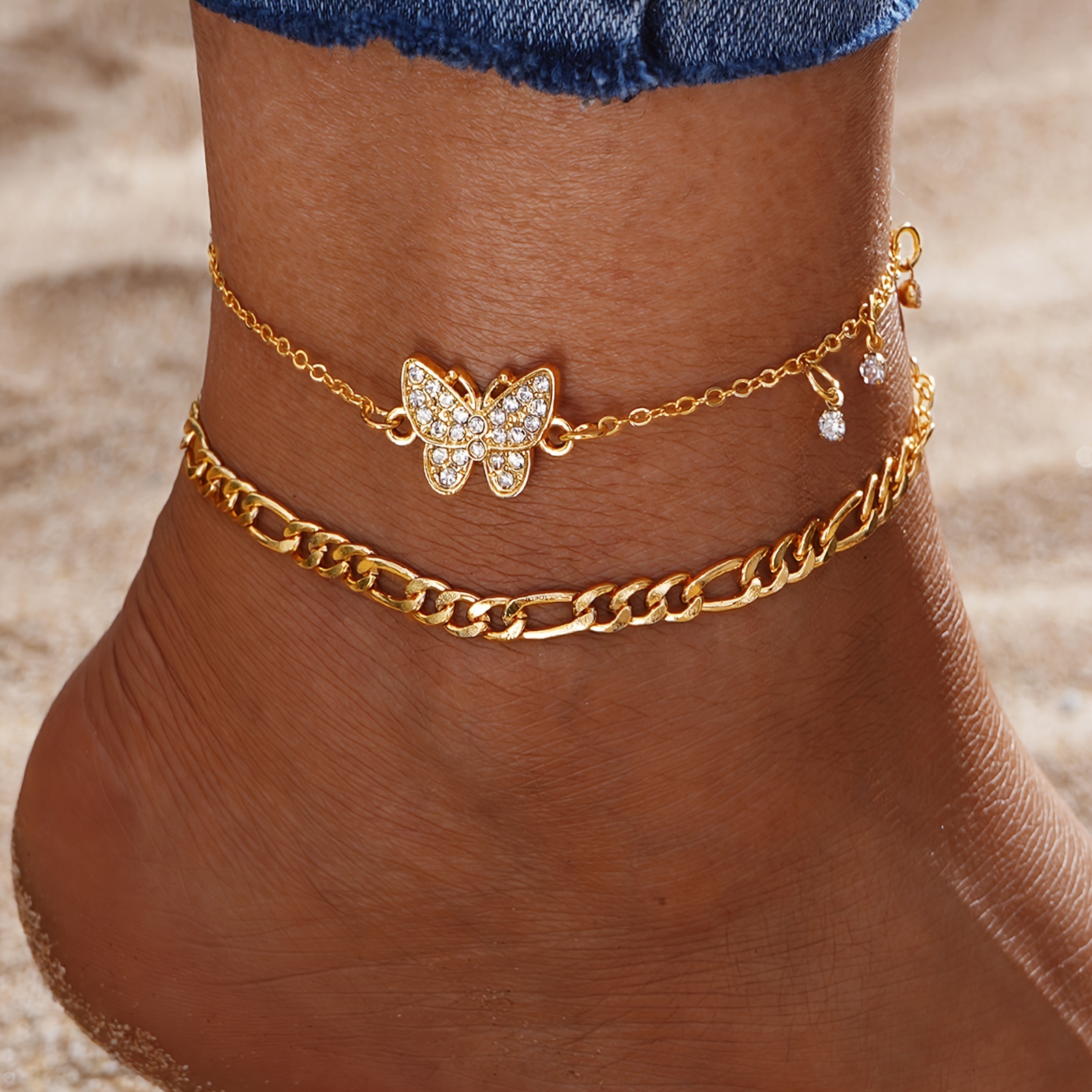 Mini Butterfly Thin Chain Anklet Set Inlaid Shiny Rhinestone - Temu ...