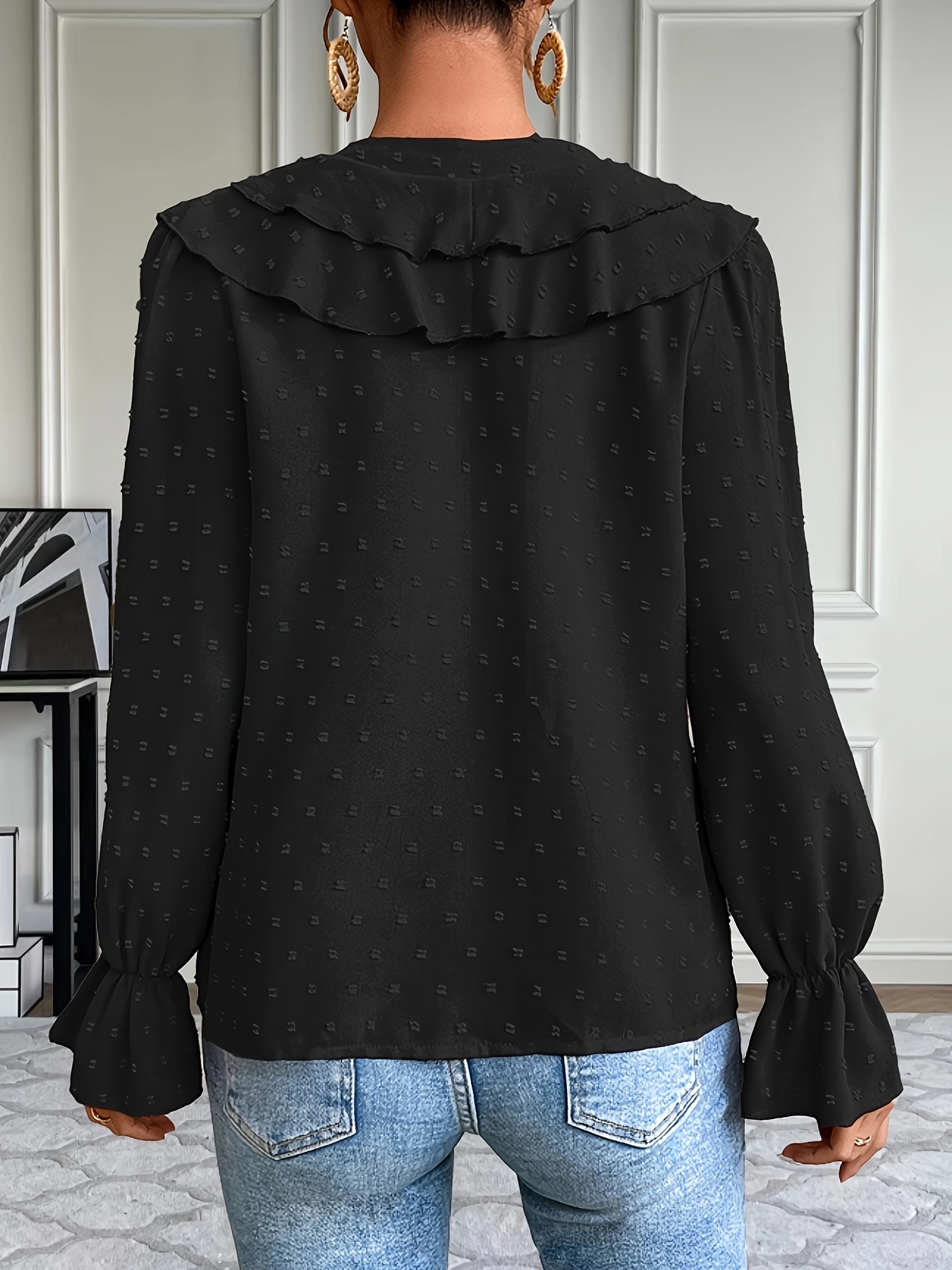Dot Ruffle Trim Blouse Elegant Long Sleeve V Neck Temu New Zealand