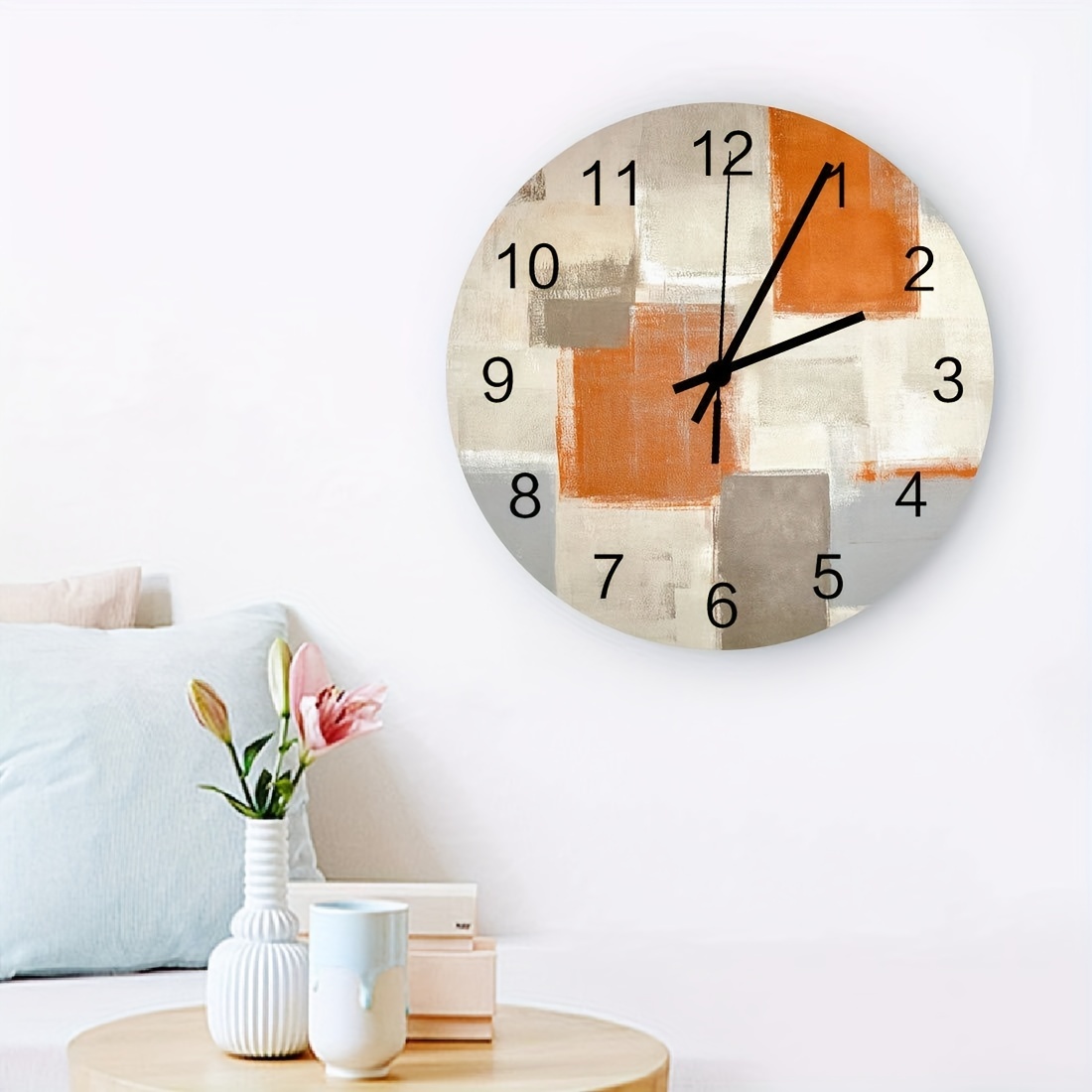 Silent Round Wooden Wall Clock Orange Brown Gray Paint Art - Temu ...
