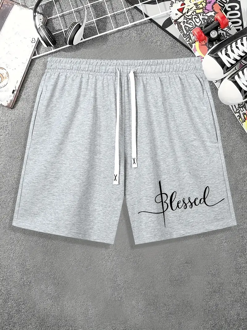 Blessed Print Mens Comfy Casual Drawstring Waistband Shorts Temu New