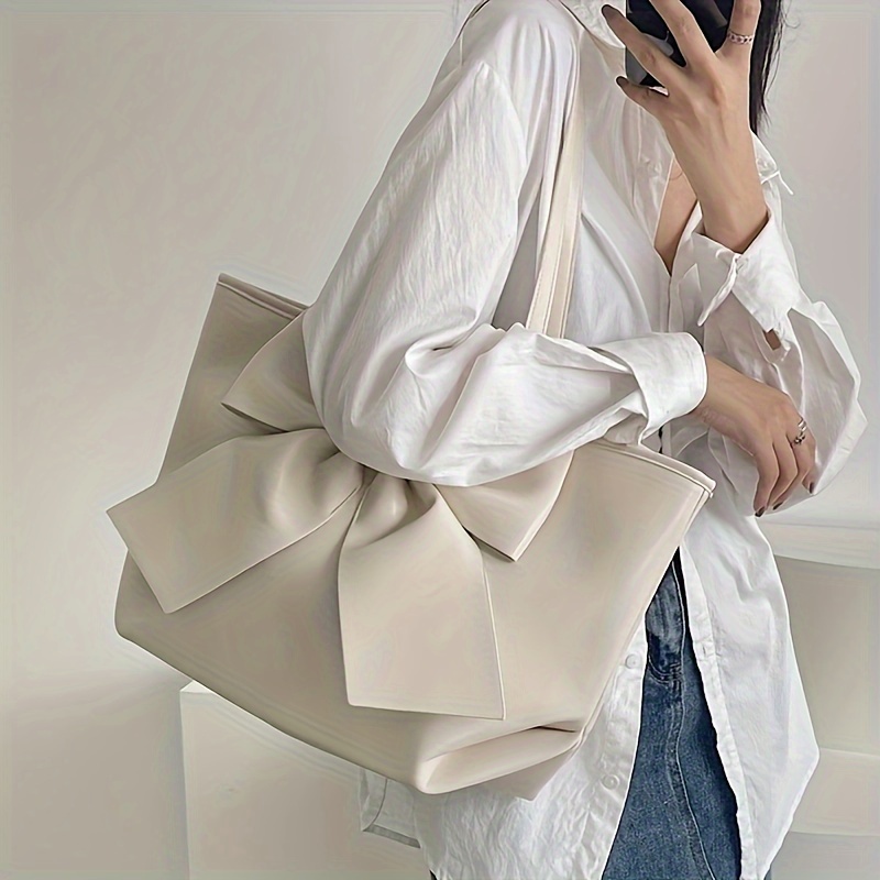 Sweet Bowknot Tote Bag Solid Color Shoulder Bag Fashion Pu - Temu ...